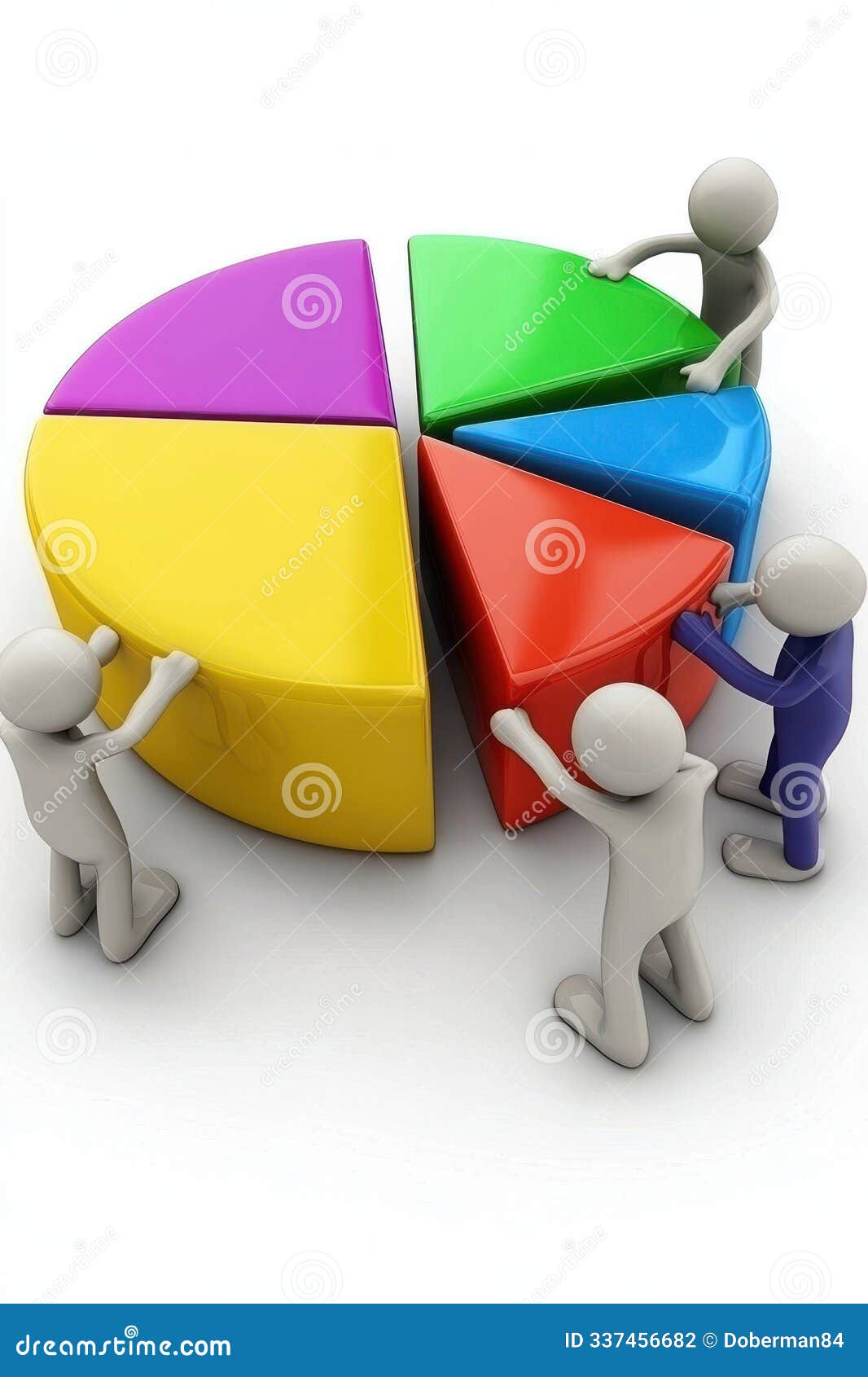 3D Cartoon Characters Collaborating by Pushing Colorful Pie Chart ...