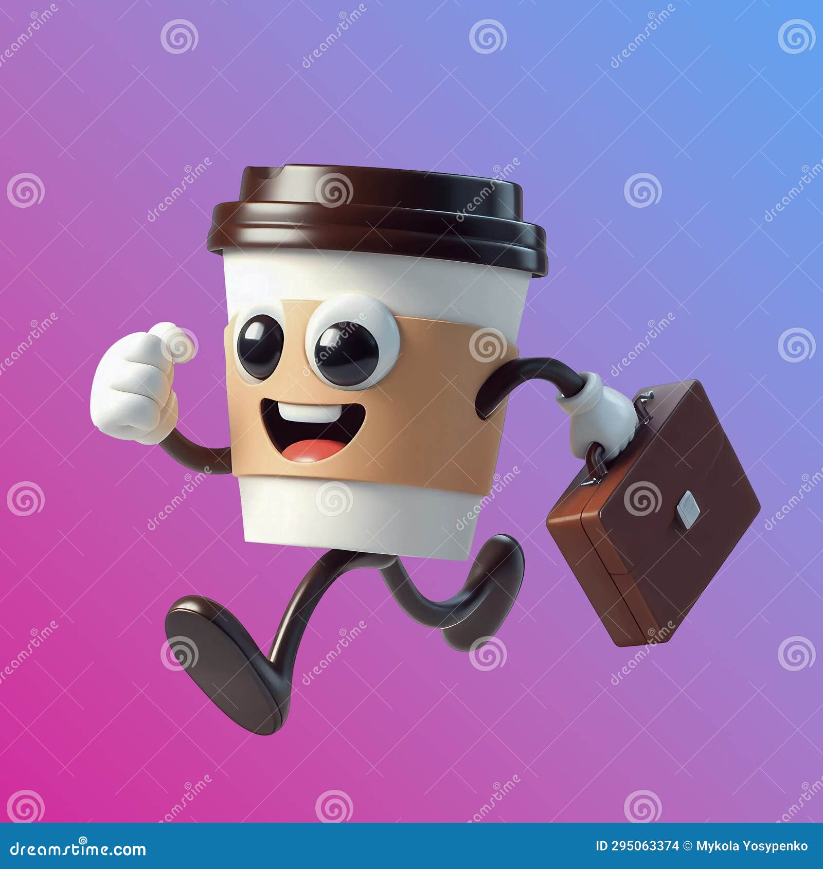 3d Cartoon Coffee Cup Running with a Briefcase Stock Illustration ...