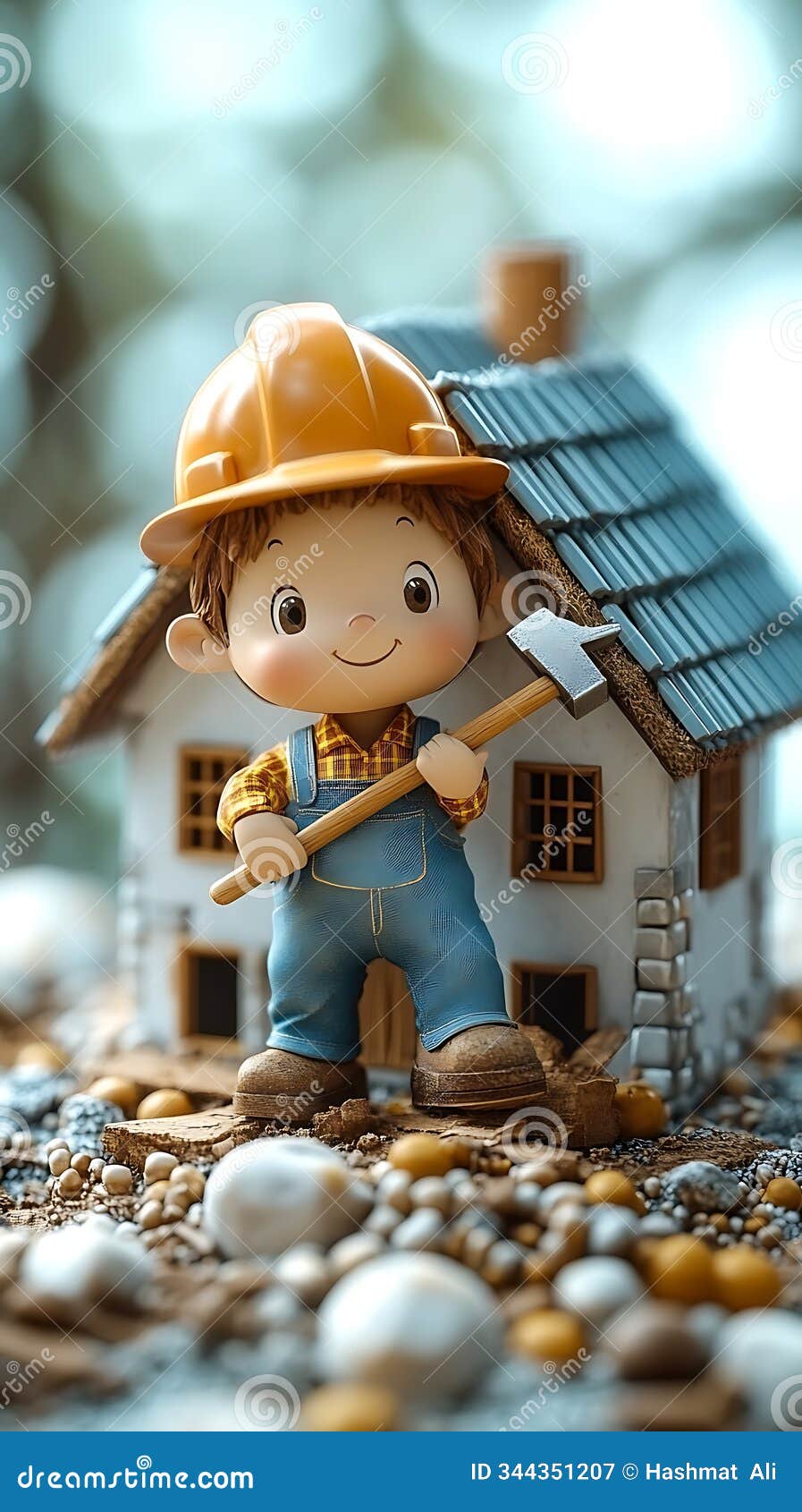 3D Cartoon Construction Worker with a Hammer, Building a House Stock ...