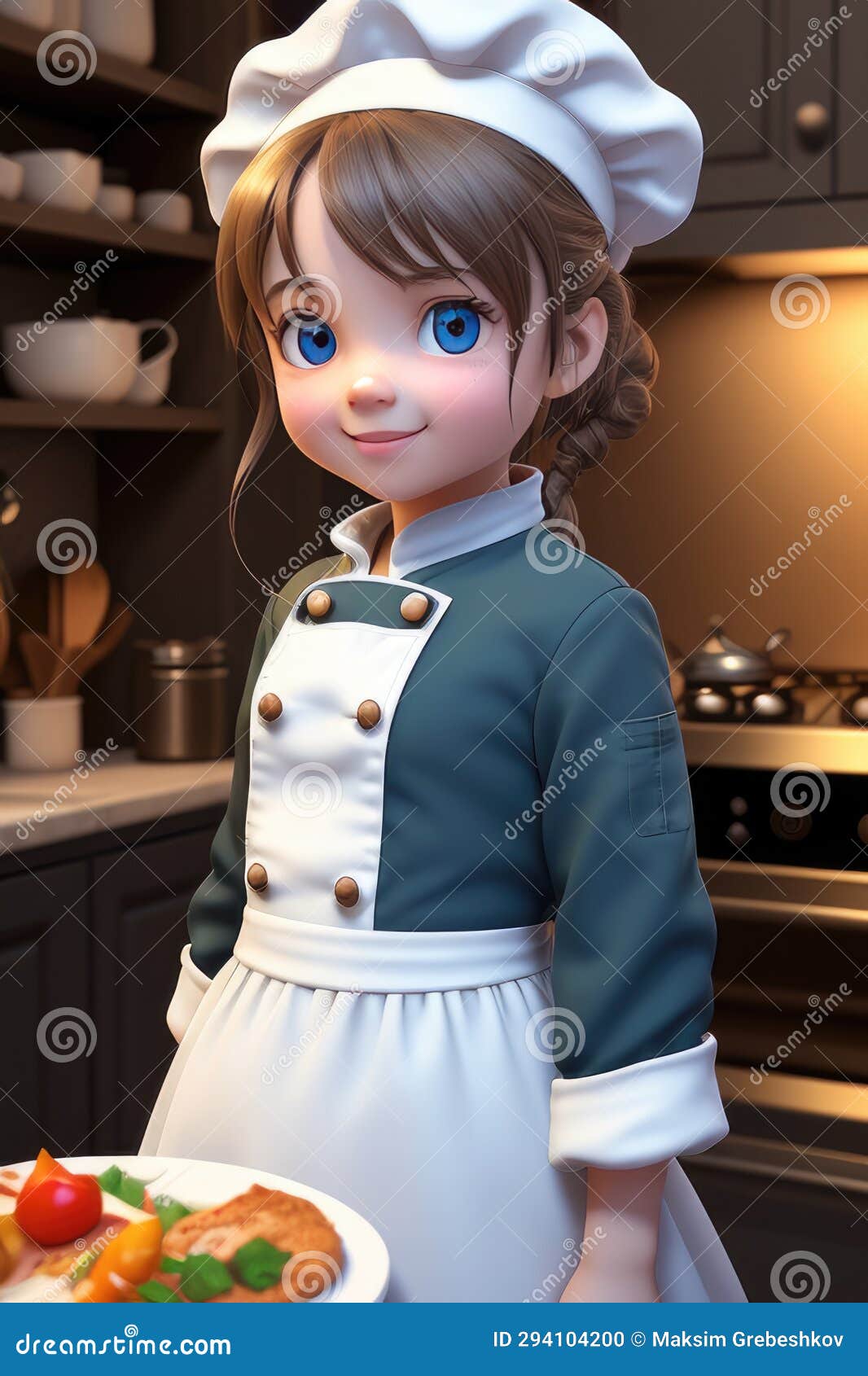 3d Cartoon Cute Young Chef at the Kitchen with Food. Generative AI ...