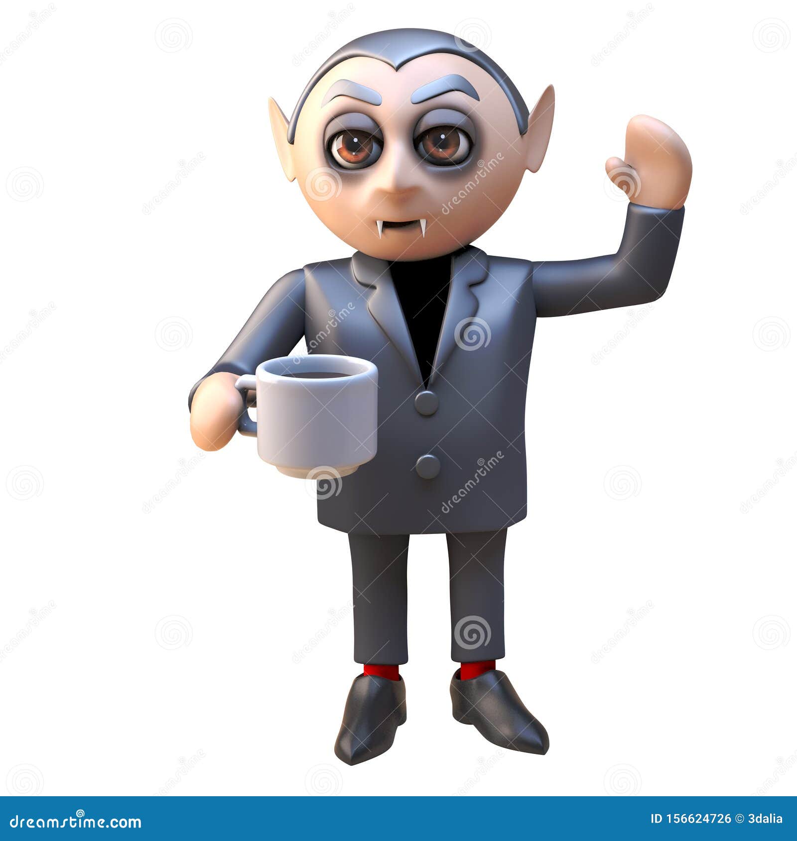 3d Cartoon Dracula Vampire Monster Waves and Drinks His Tea from a Cup ...