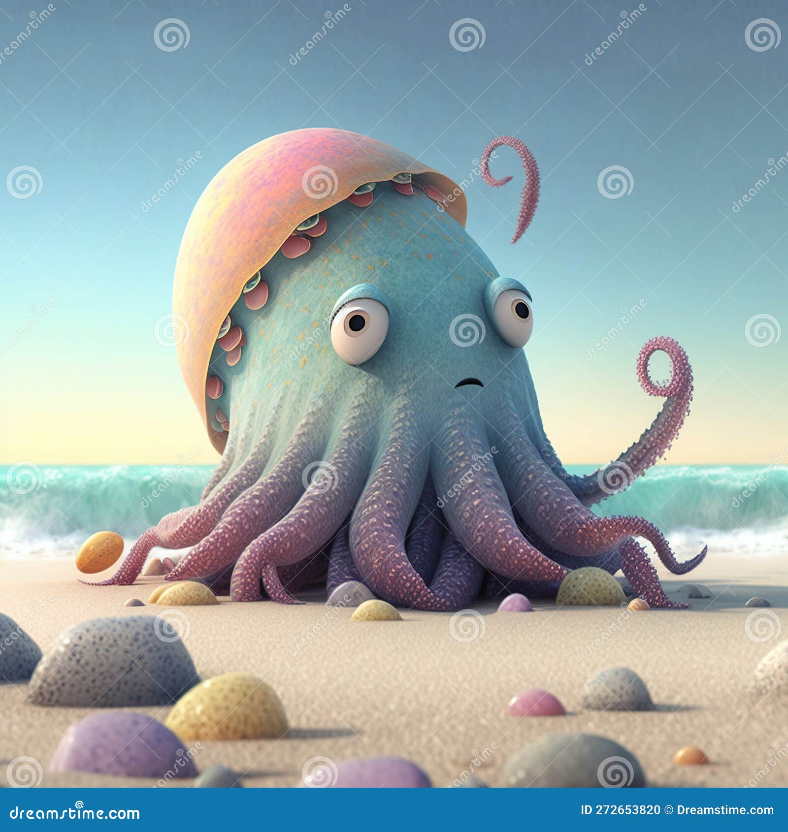 3D, Cartoon Feature, an Octopus Walking Across the Beach Wearing ...