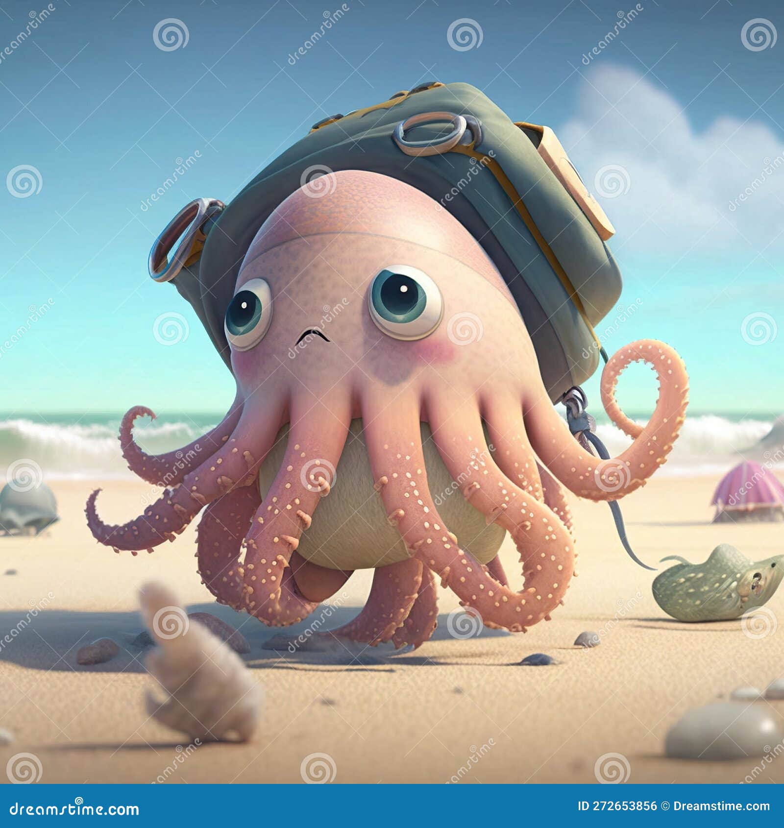 3D, Cartoon Feature, an Octopus Walking Across the Beach Wearing ...