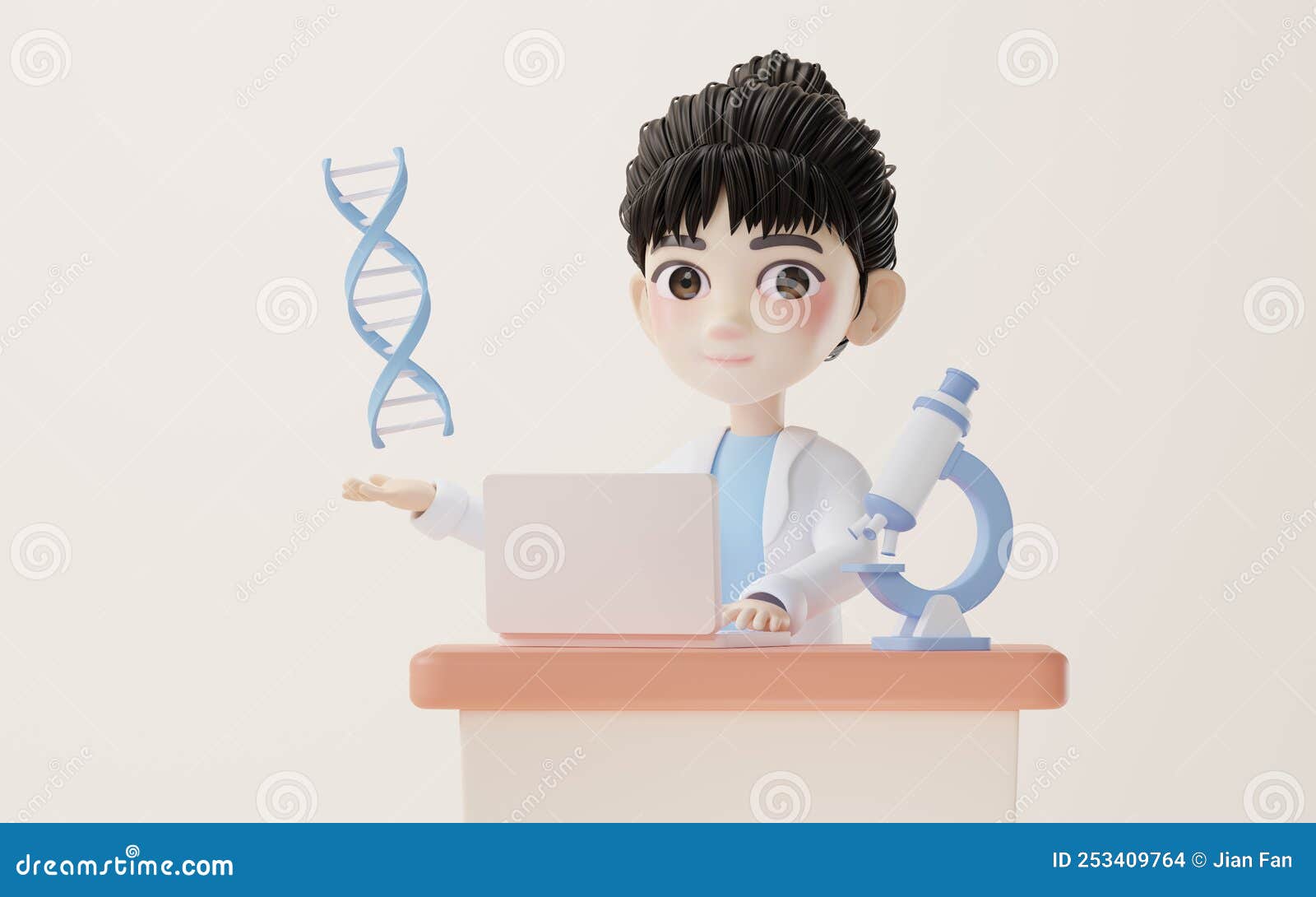 3D Cartoon Female Researcher and DNA, 3d Rendering Stock Illustration ...