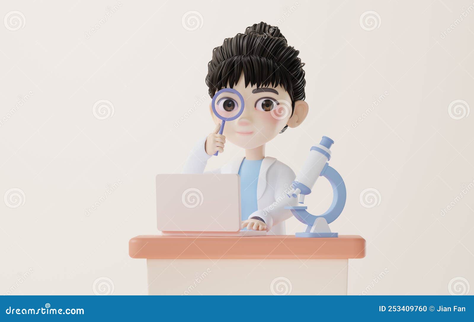 3D Cartoon Female Researcher and Microscope, 3d Rendering Stock ...