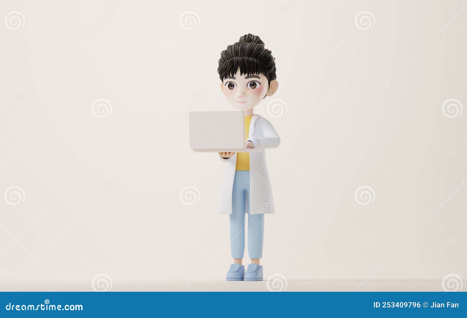 3D Cartoon Female Researcher Using Computer, 3d Rendering Stock ...