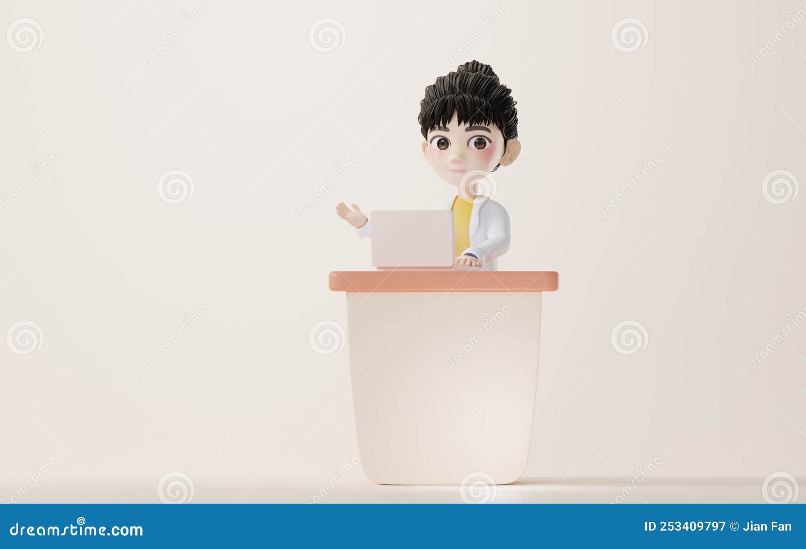 3D Cartoon Female Researcher Using Computer, 3d Rendering Stock ...