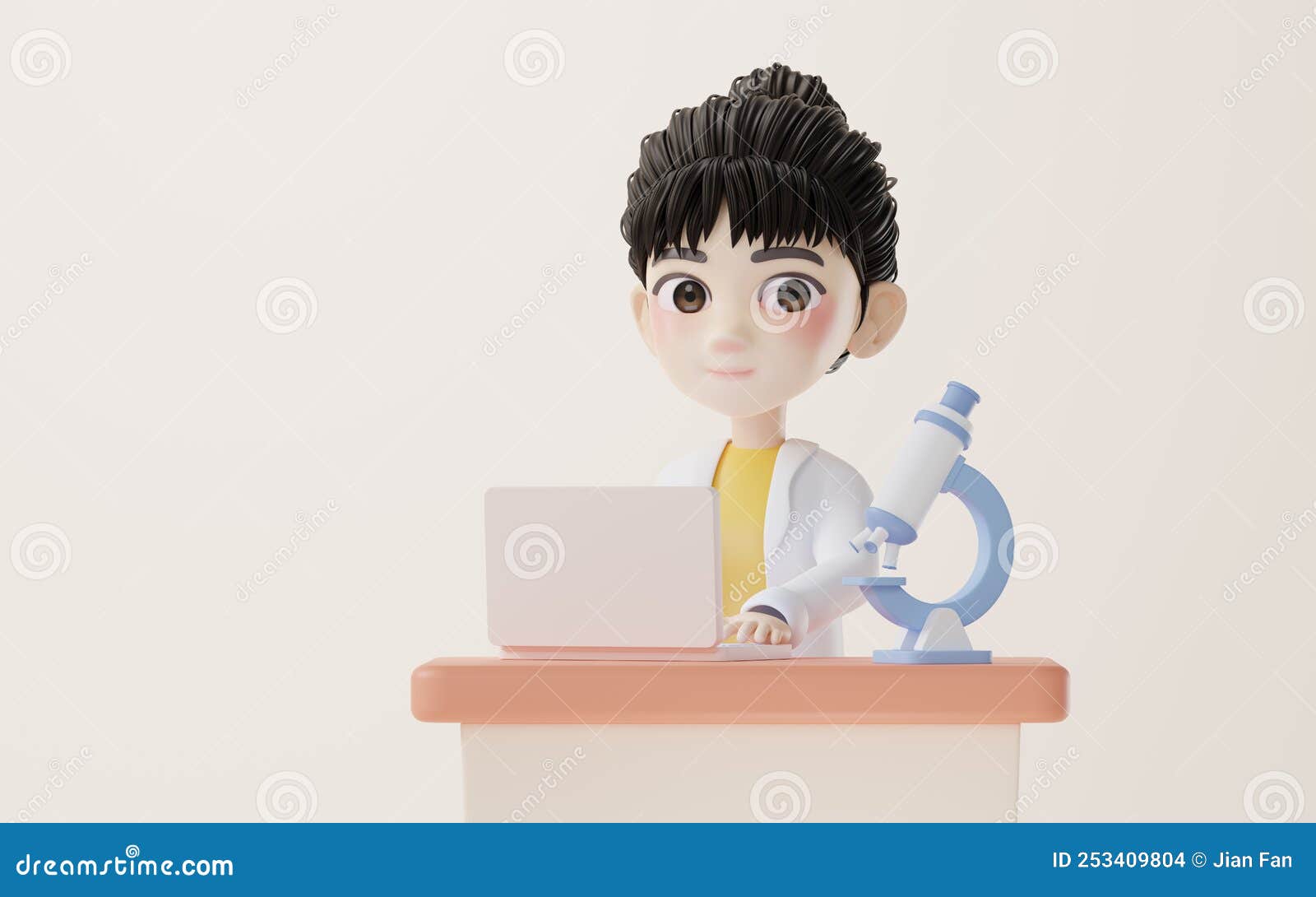 3D Cartoon Female Researcher Using Computer, 3d Rendering Stock ...