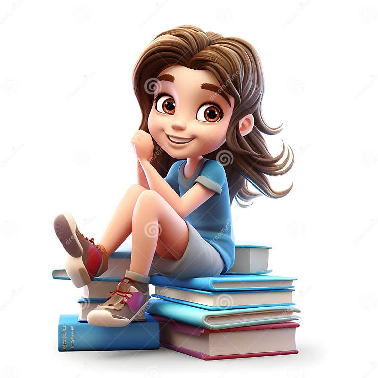 3d Cartoon Girl Sitting On The Stack Of Book Stock Illustration