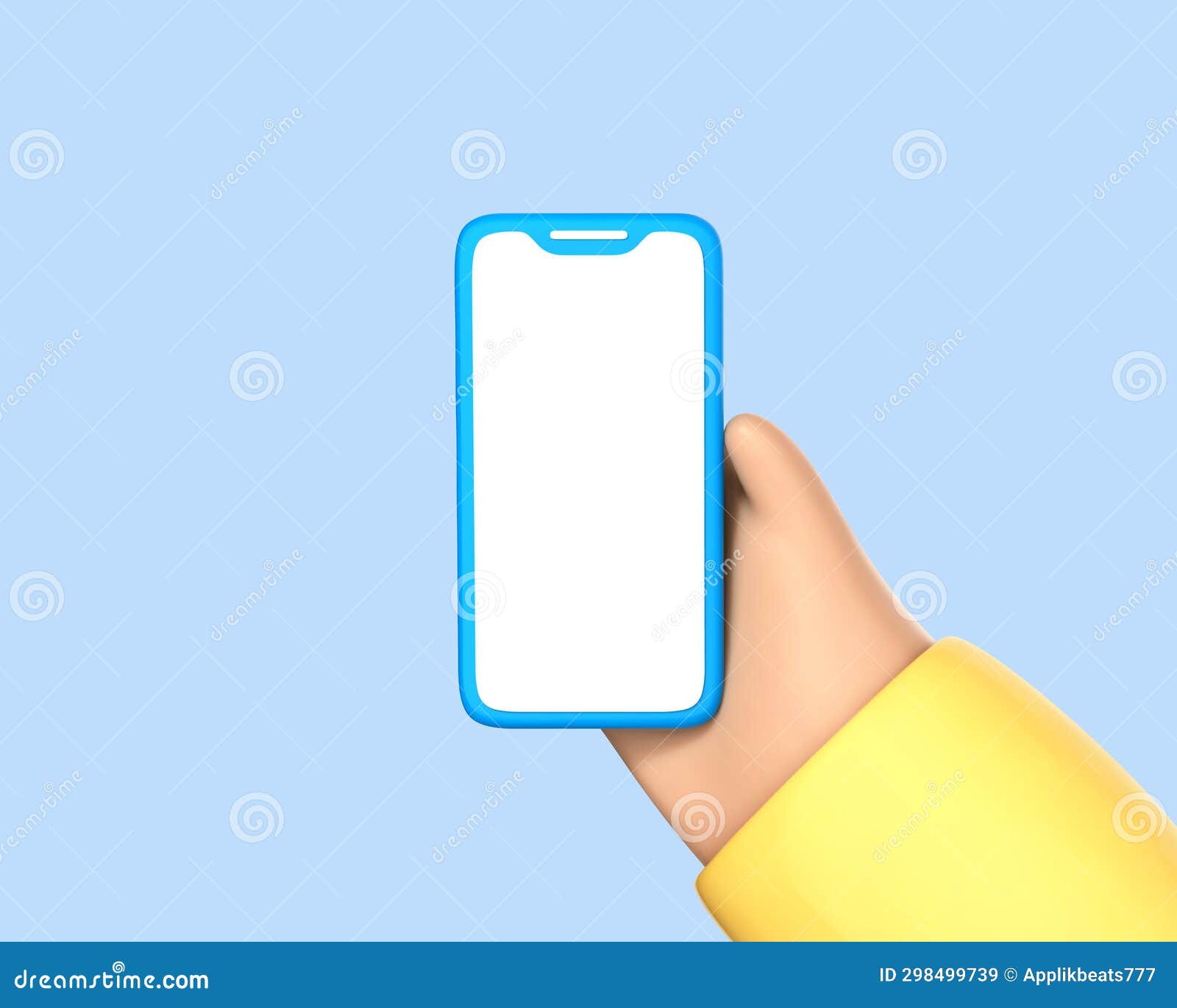 3D Cartoon Hand Hold Smartphone with Blank Screen Isolated on Blue ...