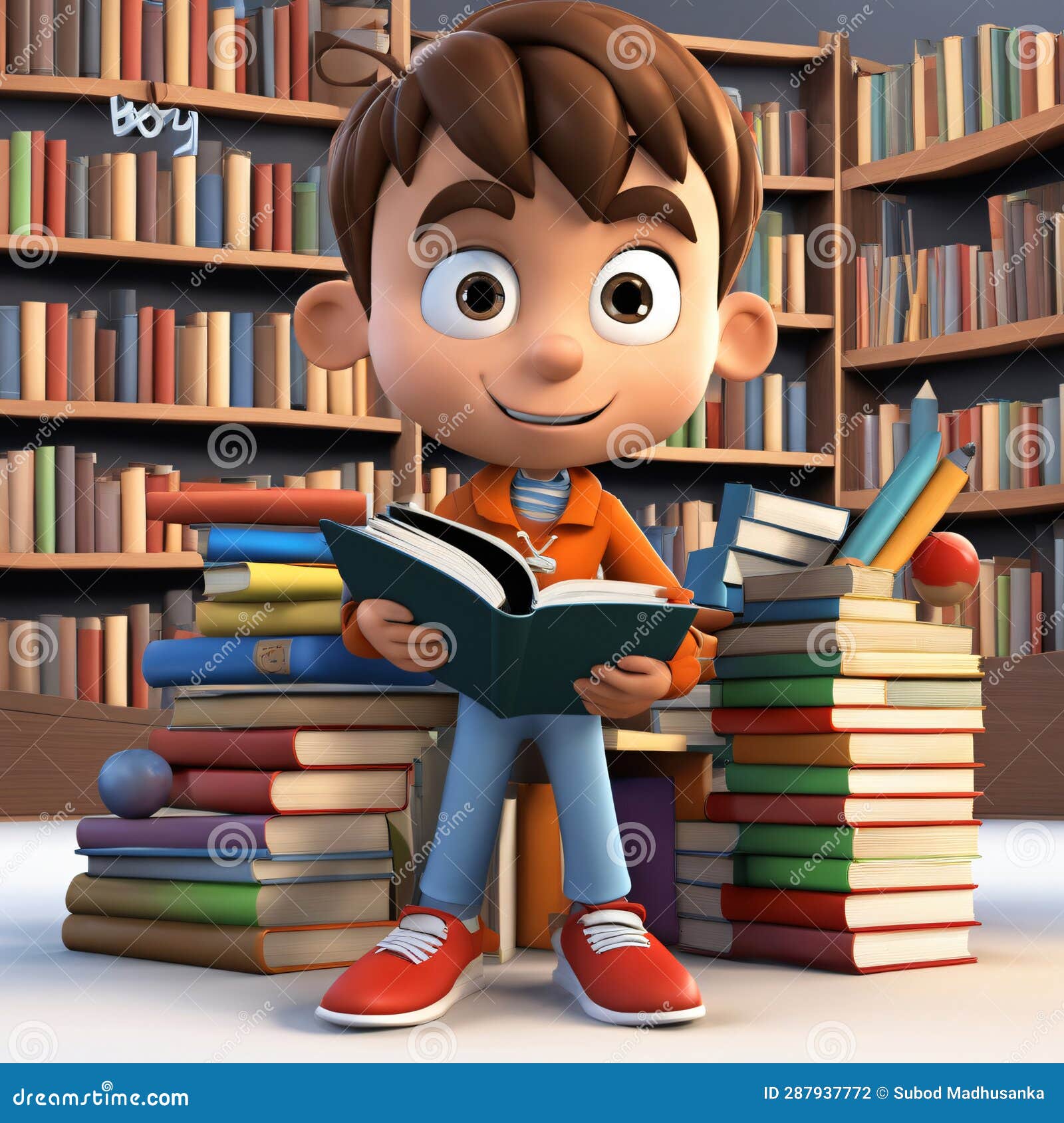 Studious Boy in Classroom Surrounded by Books and Educational Tools ...