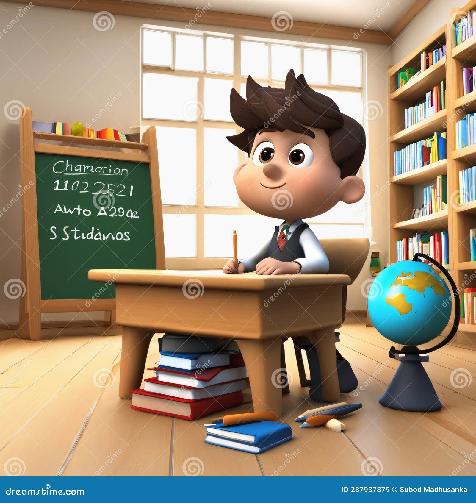 Studious Boy in Classroom Surrounded by Books and Educational Tools ...