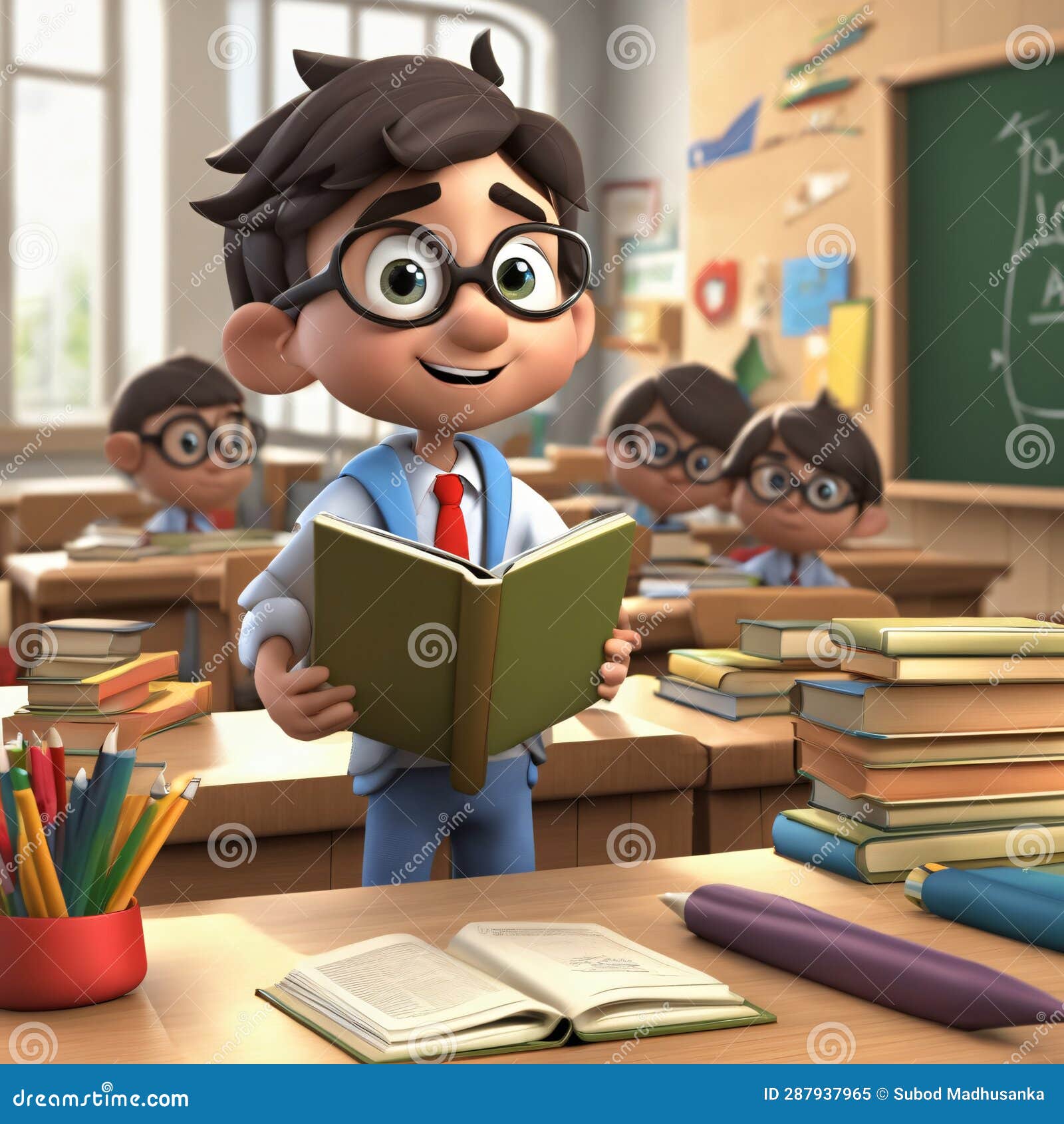 Studious Boy in Classroom Surrounded by Books and Educational Tools ...