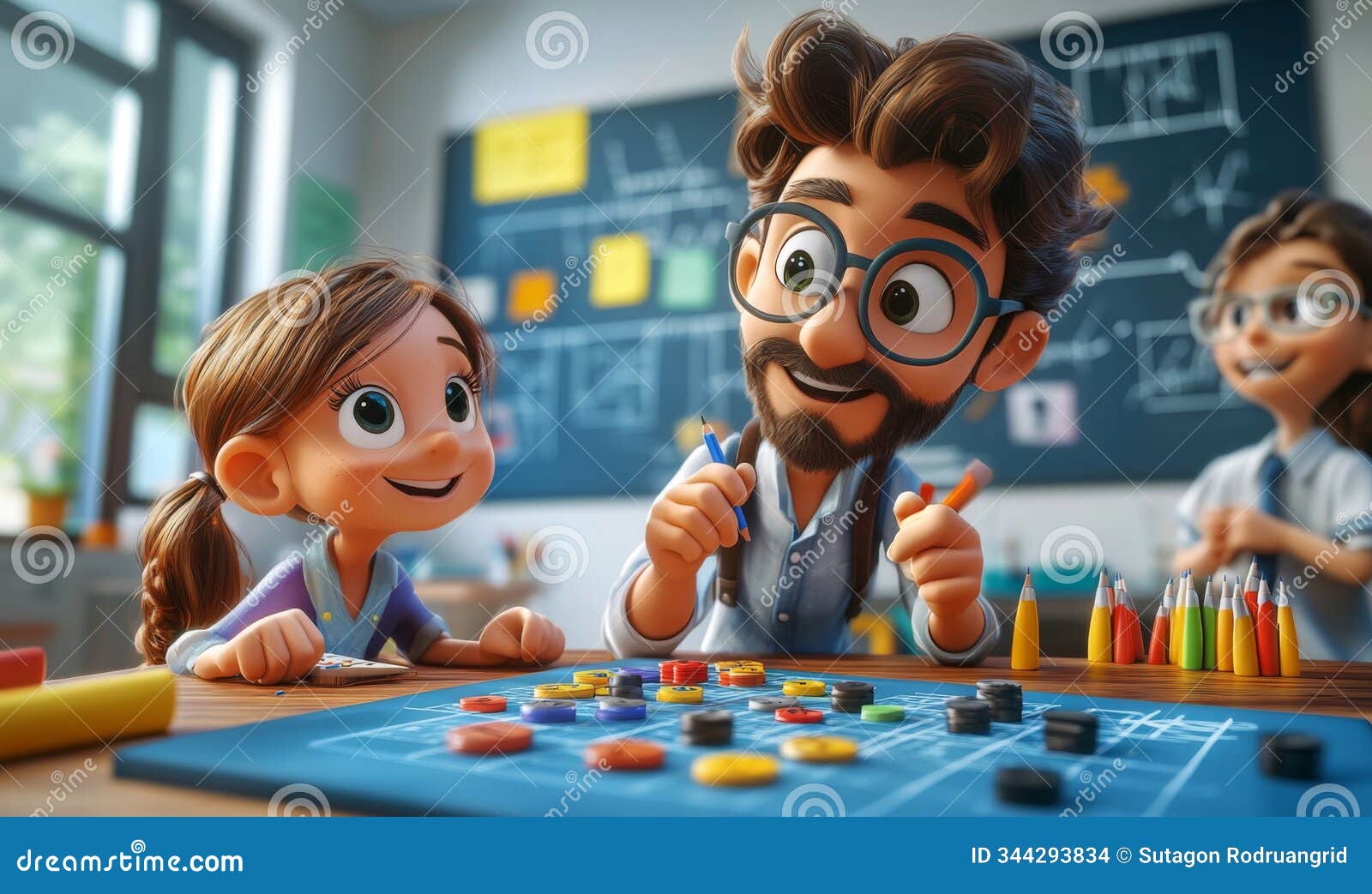 3D Cartoon Math Class with Students Solving Puzzles and Equations on ...