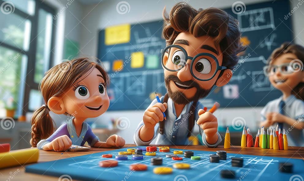 3D Cartoon Math Class with Students Solving Puzzles and Equations on ...