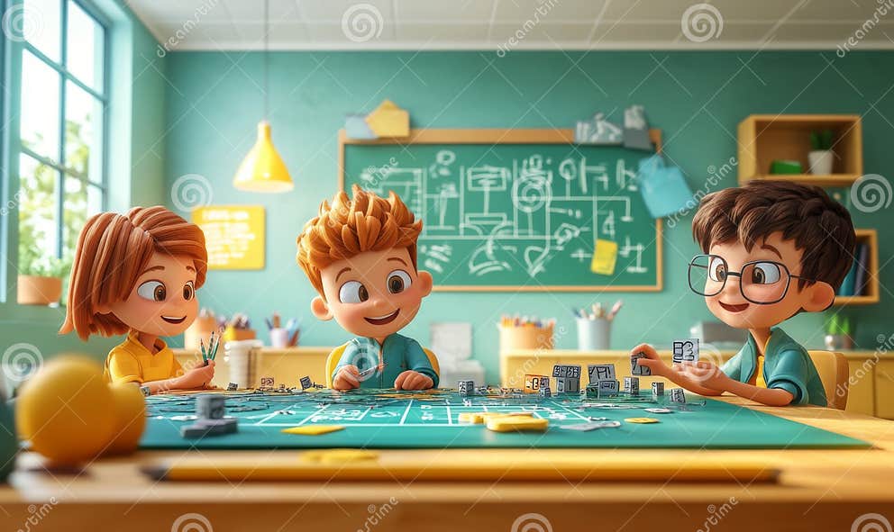 3D Cartoon Math Class with Students Solving Puzzles and Equations on ...