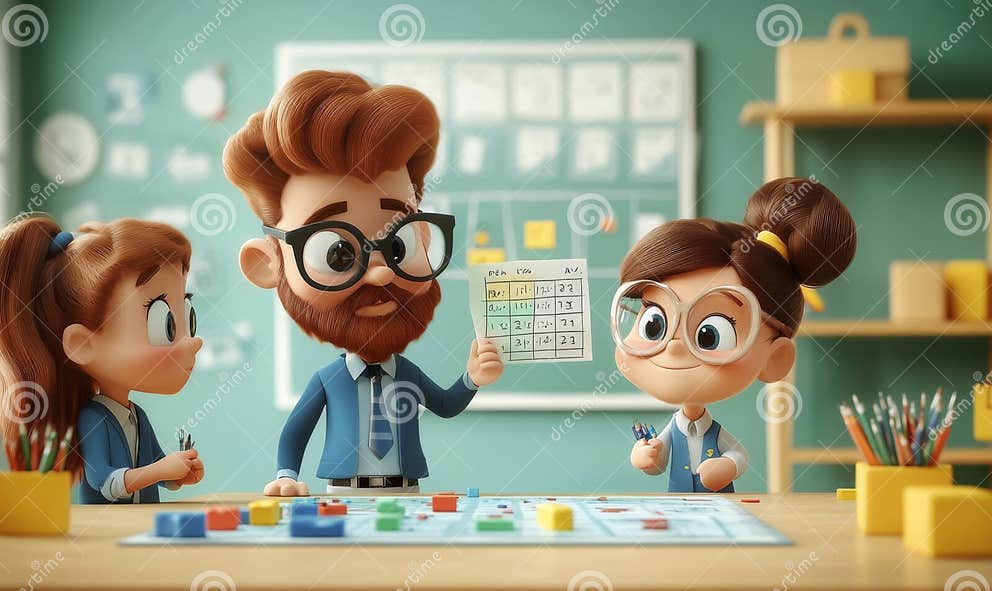 3D Cartoon Math Class with Students Solving Puzzles and Equations on ...