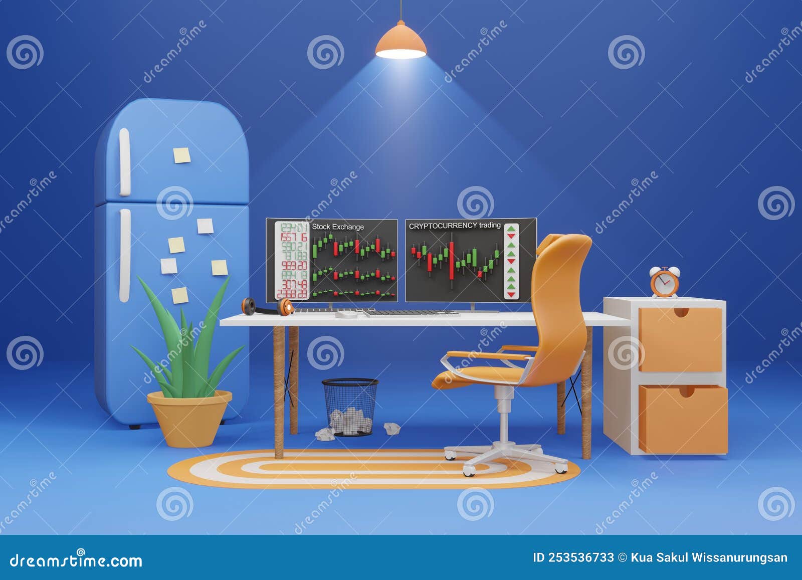 3D Cartoon Office, Computer, Desk Isolate Blue Background Stock ...