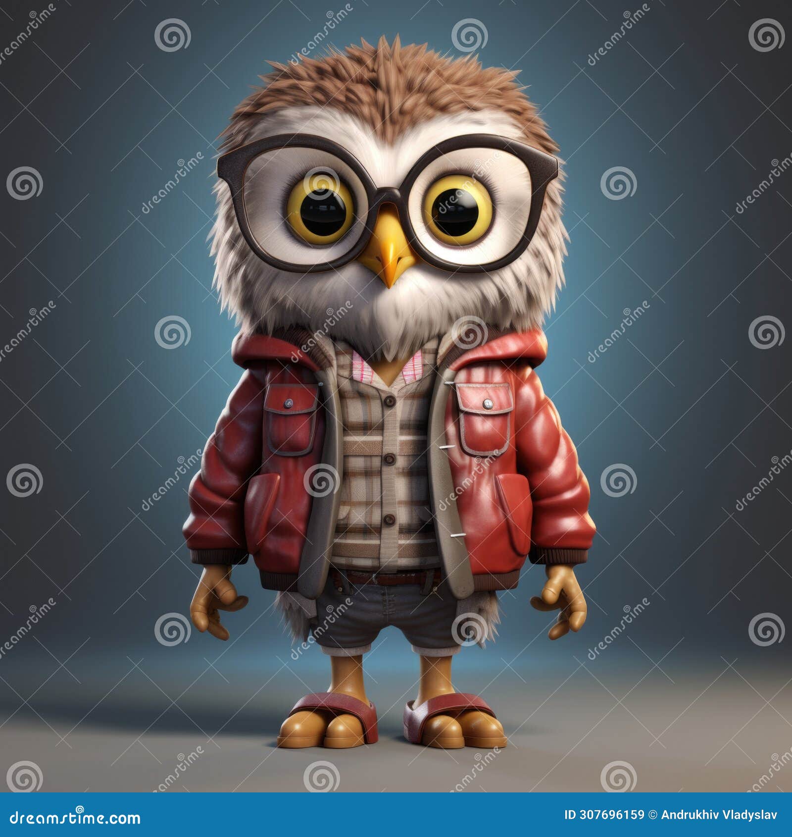 3D Cartoon Owl Portrait Wearing Clothes, Standing in Front Stock ...