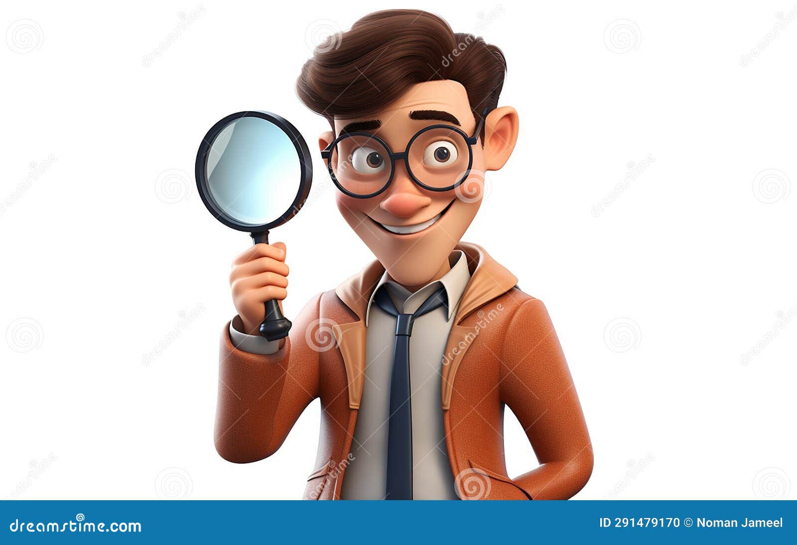 3D Cartoon Render of a Man with Magnifying Glass on White Background ...