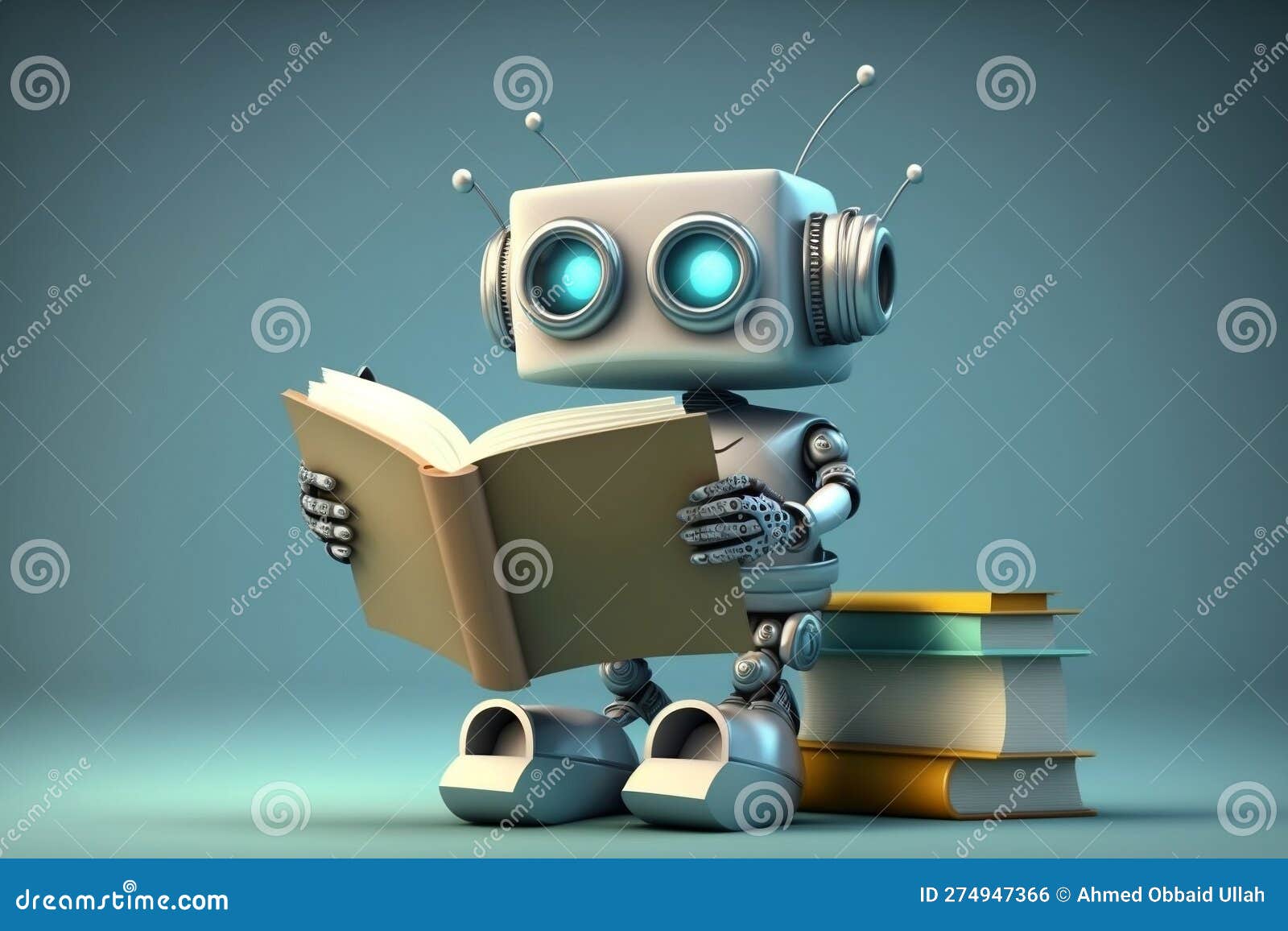 3D Cartoon Robot Reading a Book with Copy Space Banner, Generative Ai ...