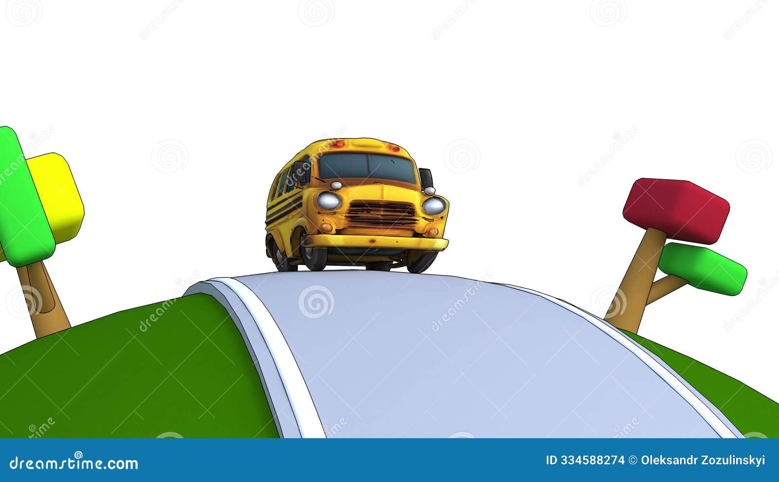 3D Cartoon School Bus on Empty Rural Road Drive 3d Stock Illustration ...