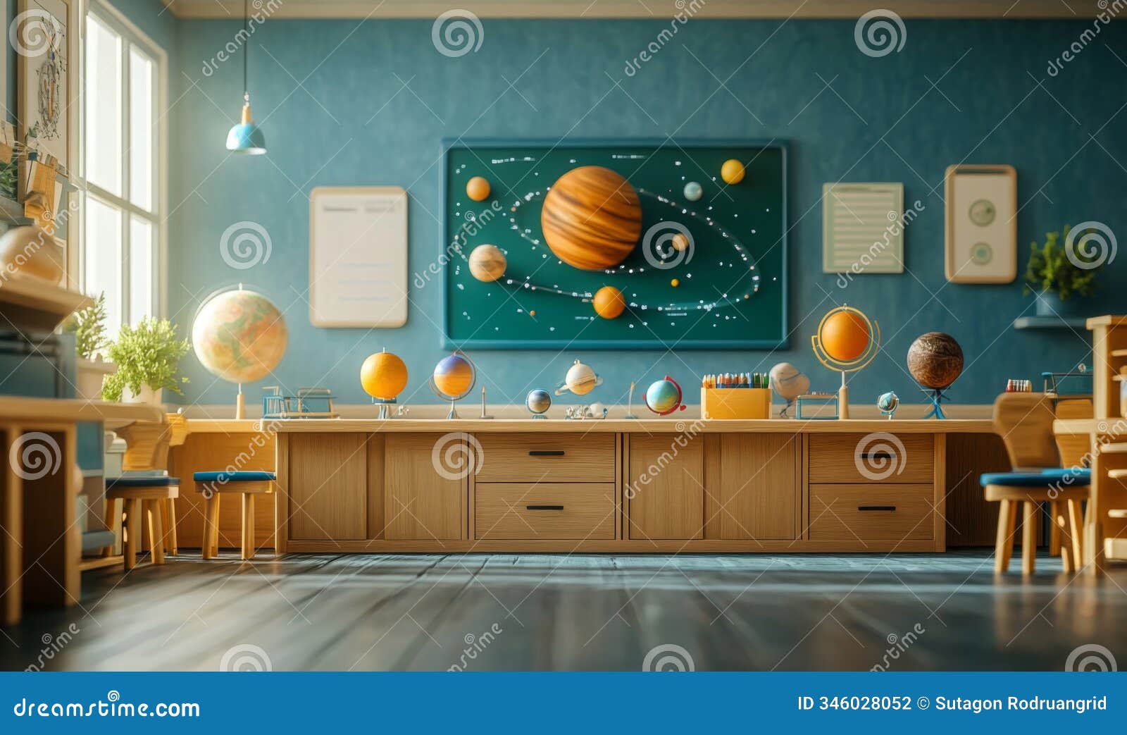 3D Cartoon Science Class with a Model of the Solar System, Interactive ...