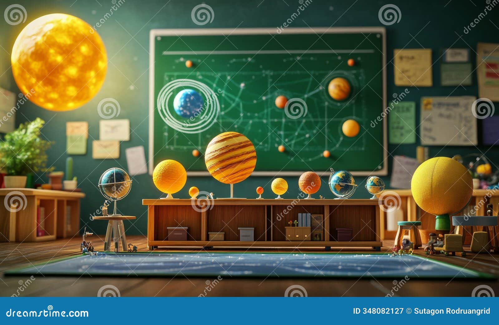 3D Cartoon Science Class with a Model of the Solar System, Interactive ...