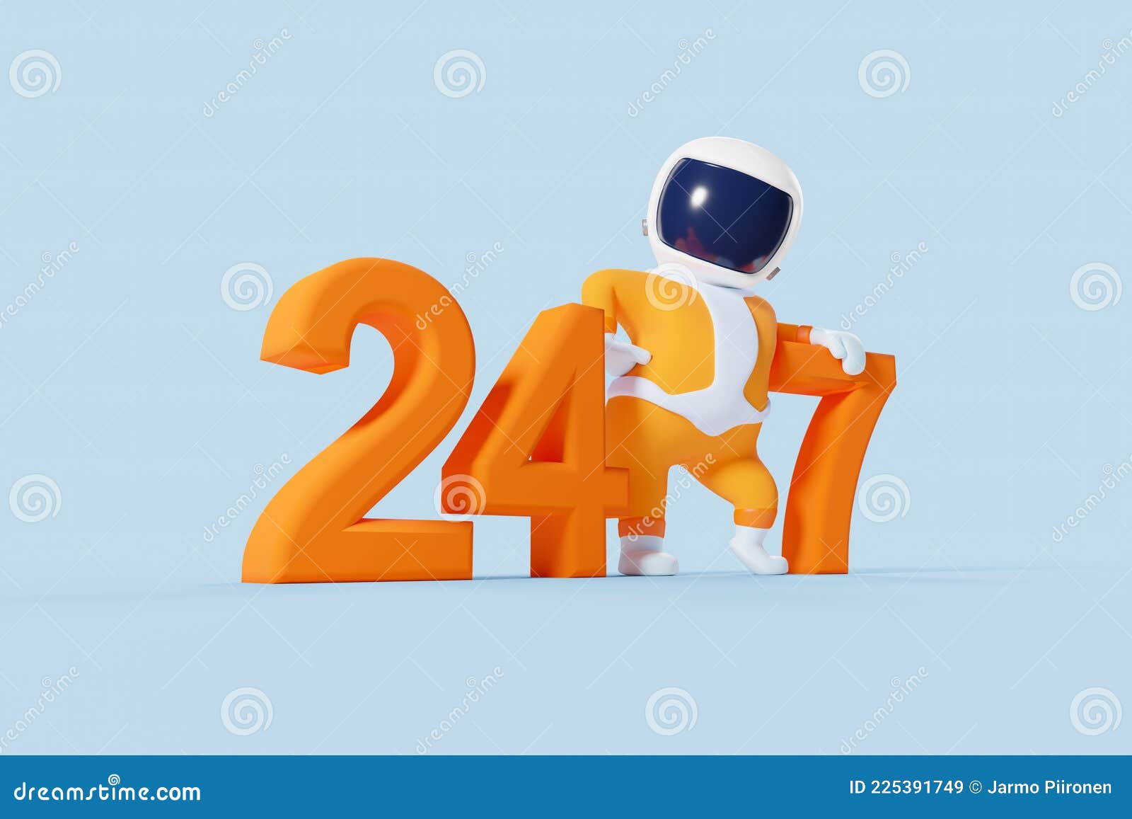 3D Cartoon Space Boy Leaning on 24 7 Text. 24hr Customer Service Stock ...