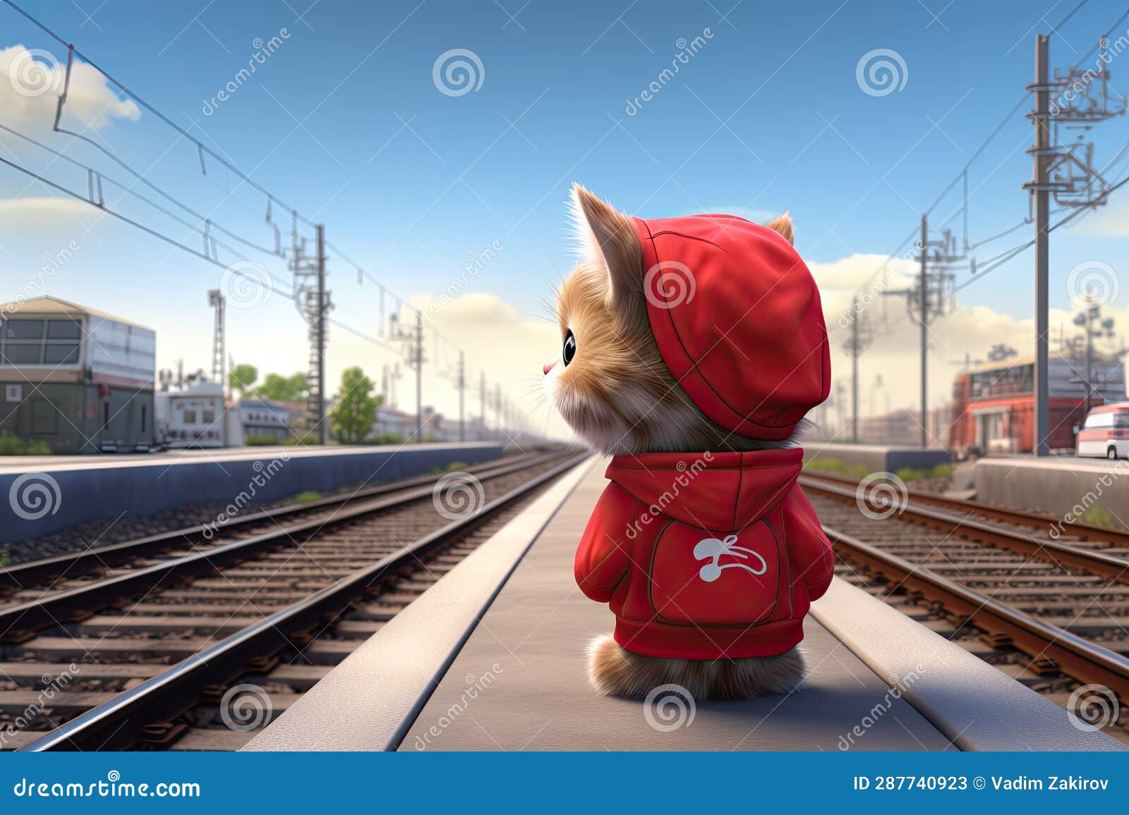 3d Cartoon Style Illustration with a Sad Tiny Kitten Missed the Train ...