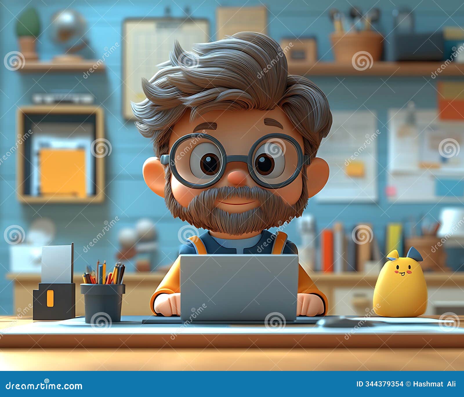 3D Cartoon Teacher at a Computer, Preparing Lessons Stock Illustration ...