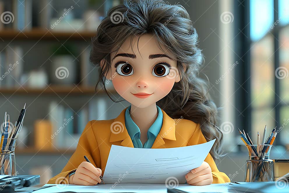 3D Cartoon Teacher Grading Papers, Diligent Stock Illustration ...