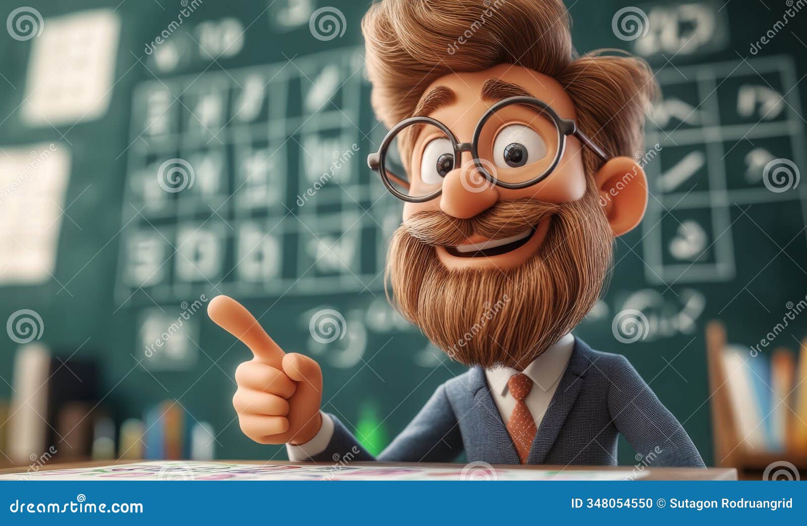 3D Cartoon Teacher Pointing at a Chalkboard Full of Math Problems, Fun ...