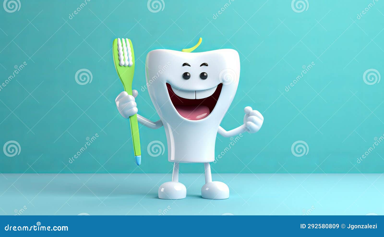 3D Cartoon Tooth Holding a Toothbrush on a Green Background. Stock ...