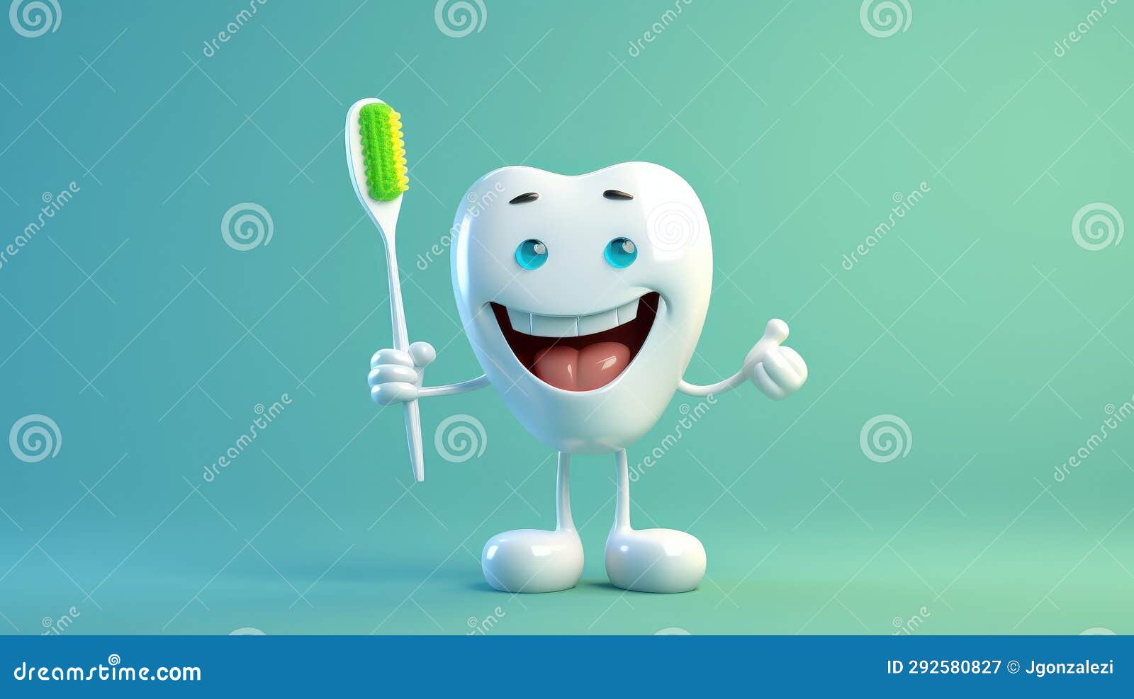 3D Cartoon Tooth Holding a Toothbrush on a Green Background. Stock ...