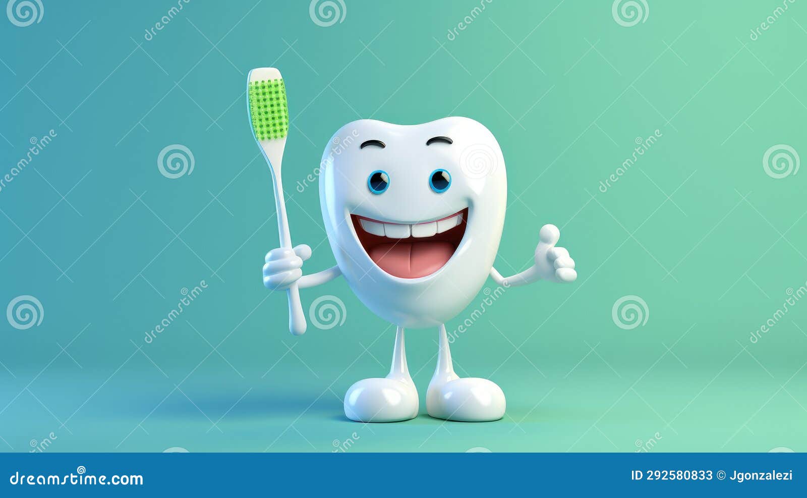 3D Cartoon Tooth Holding a Toothbrush on a Green Background. Stock ...