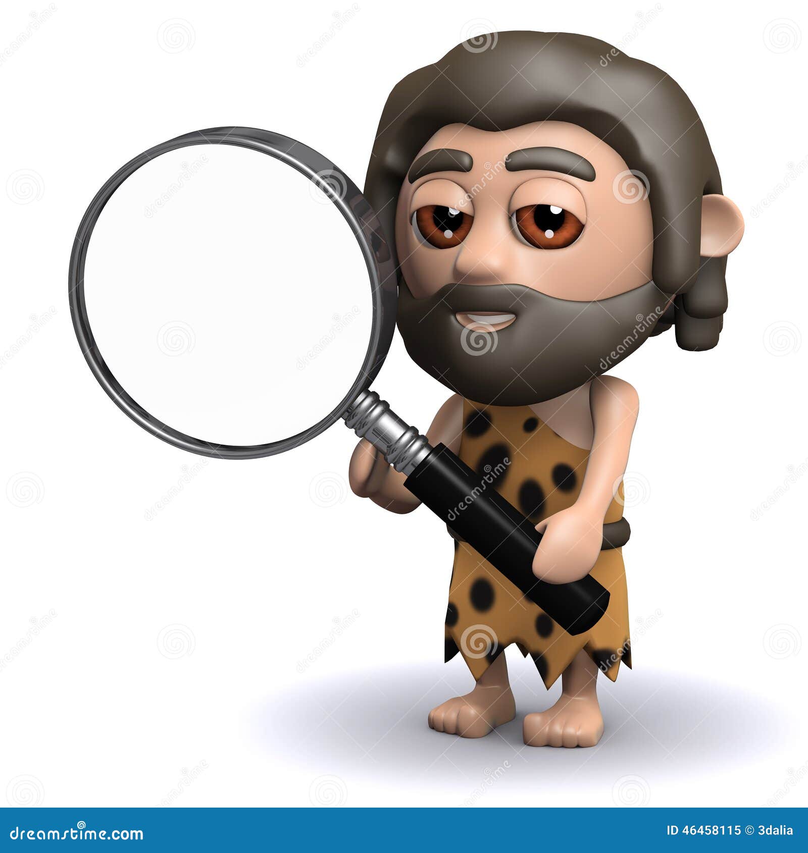 3d Caveman Looks through a Magnifying Glass Stock Illustration ...