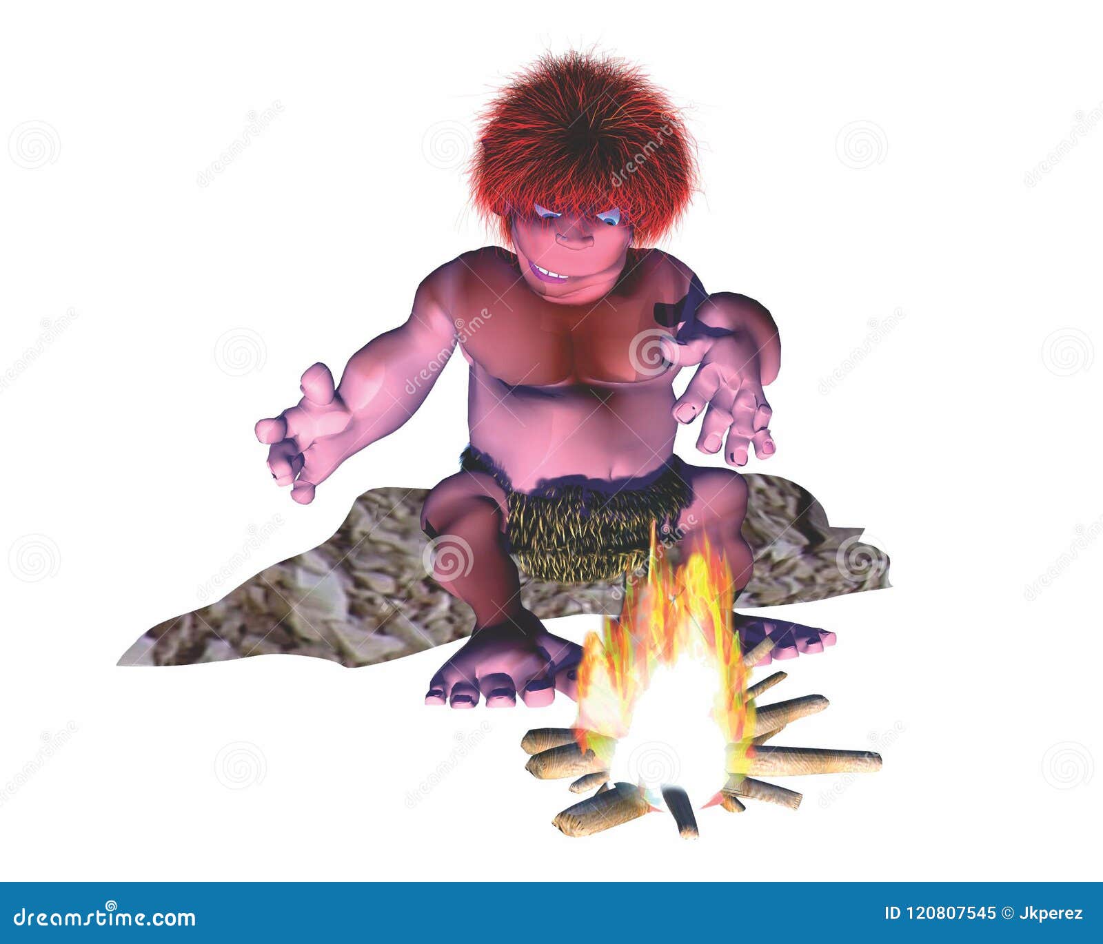 3d Caveman Discovering Fire with White Background Stock Illustration ...