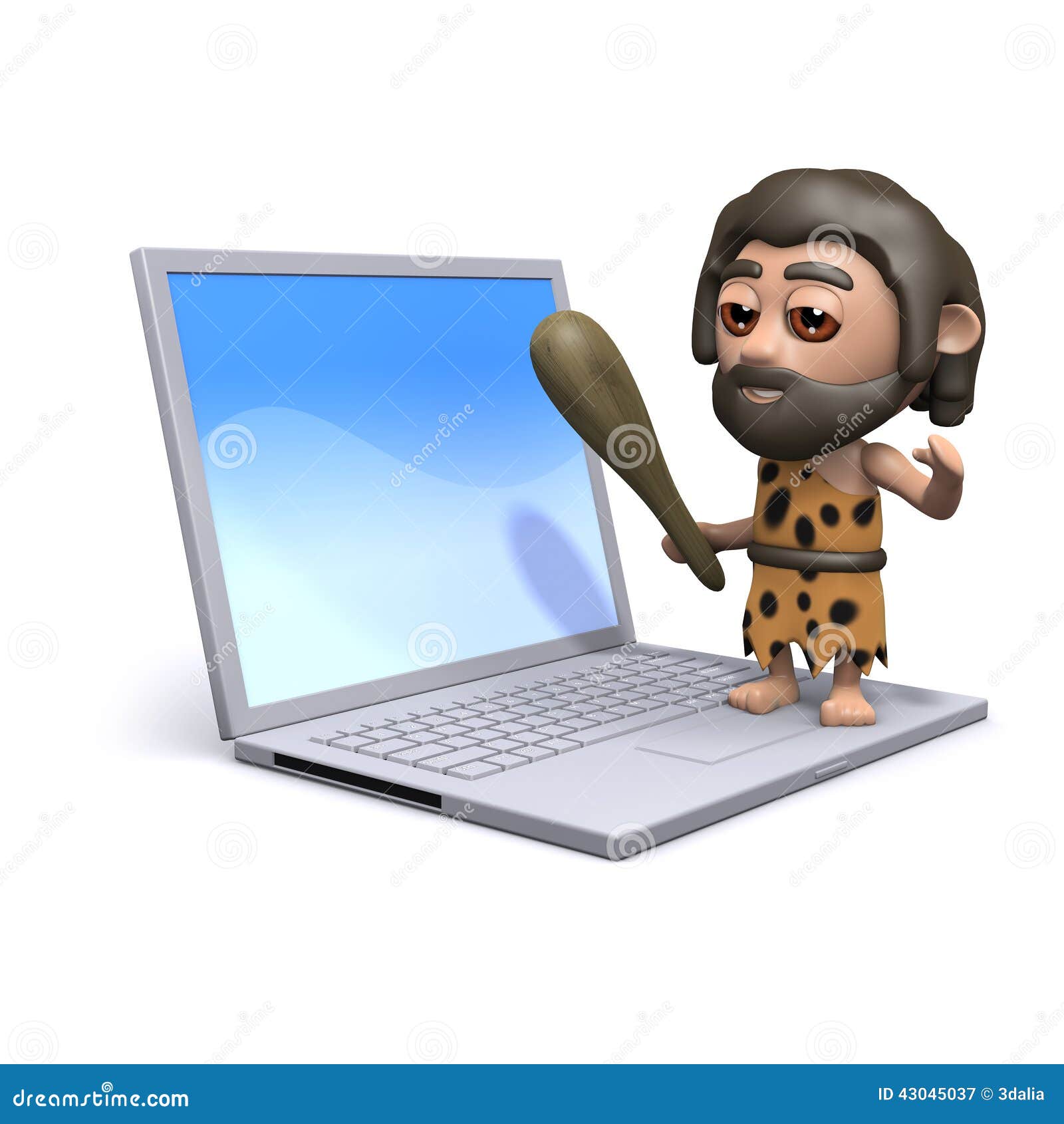 3d Caveman Standing on a Laptop Pc Stock Illustration - Illustration of ...