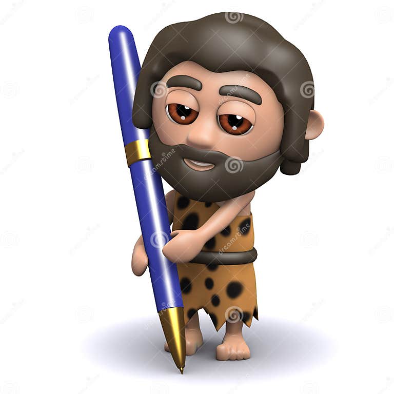 3d Caveman Writing with a Pen Stock Illustration - Illustration of ...