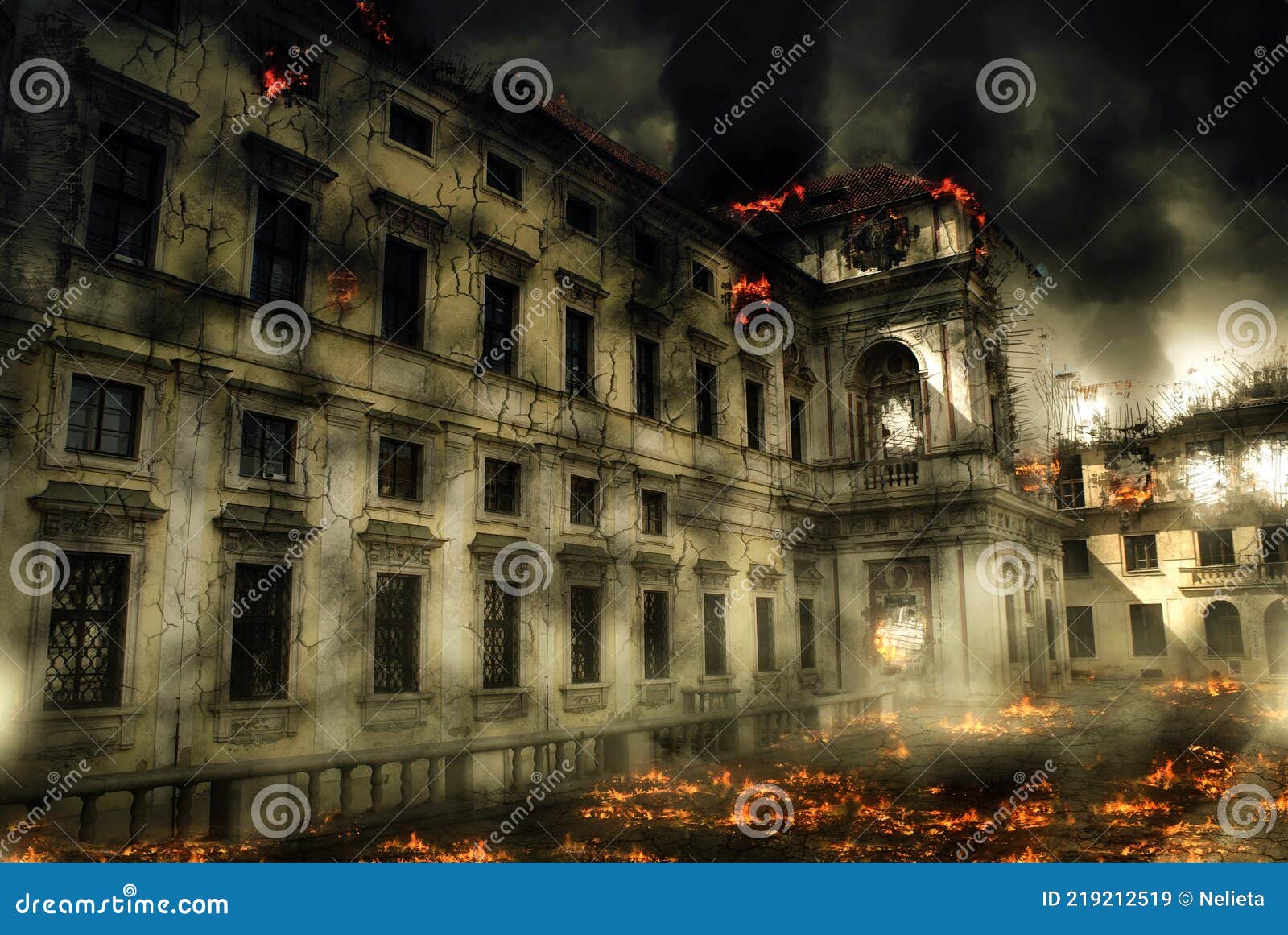 3D CG Destroyed Building Scene Stock Image - Image of fire, ruined ...