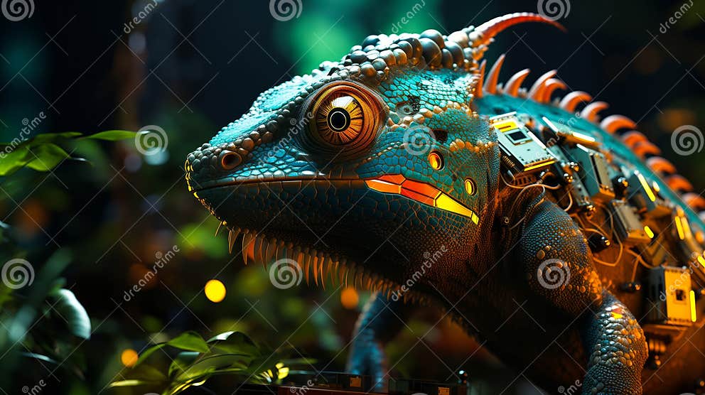 3D Chameleon Navigating Digital Terrains Circuit Boards Binary Codes ...