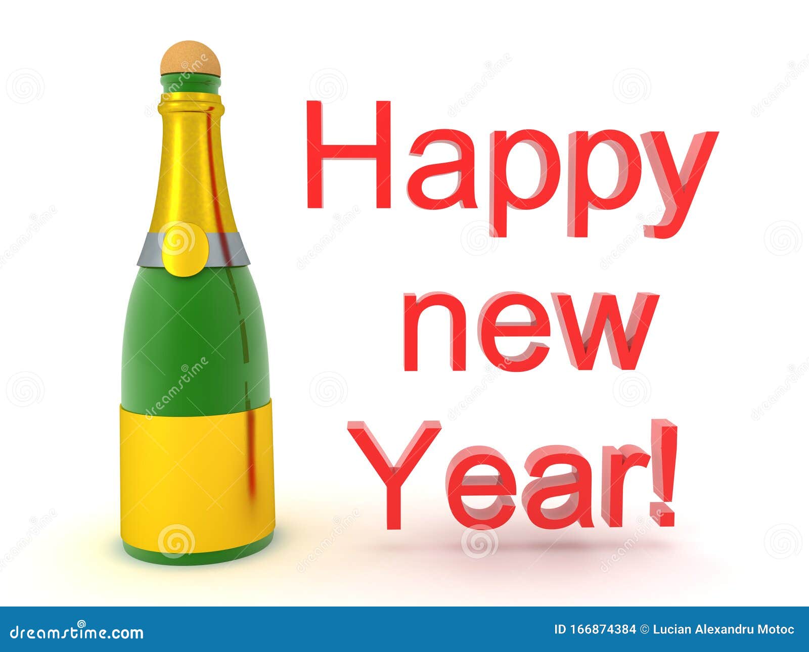 3D Champagne Bottle with Red Happy New Year Text on the Side Stock ...