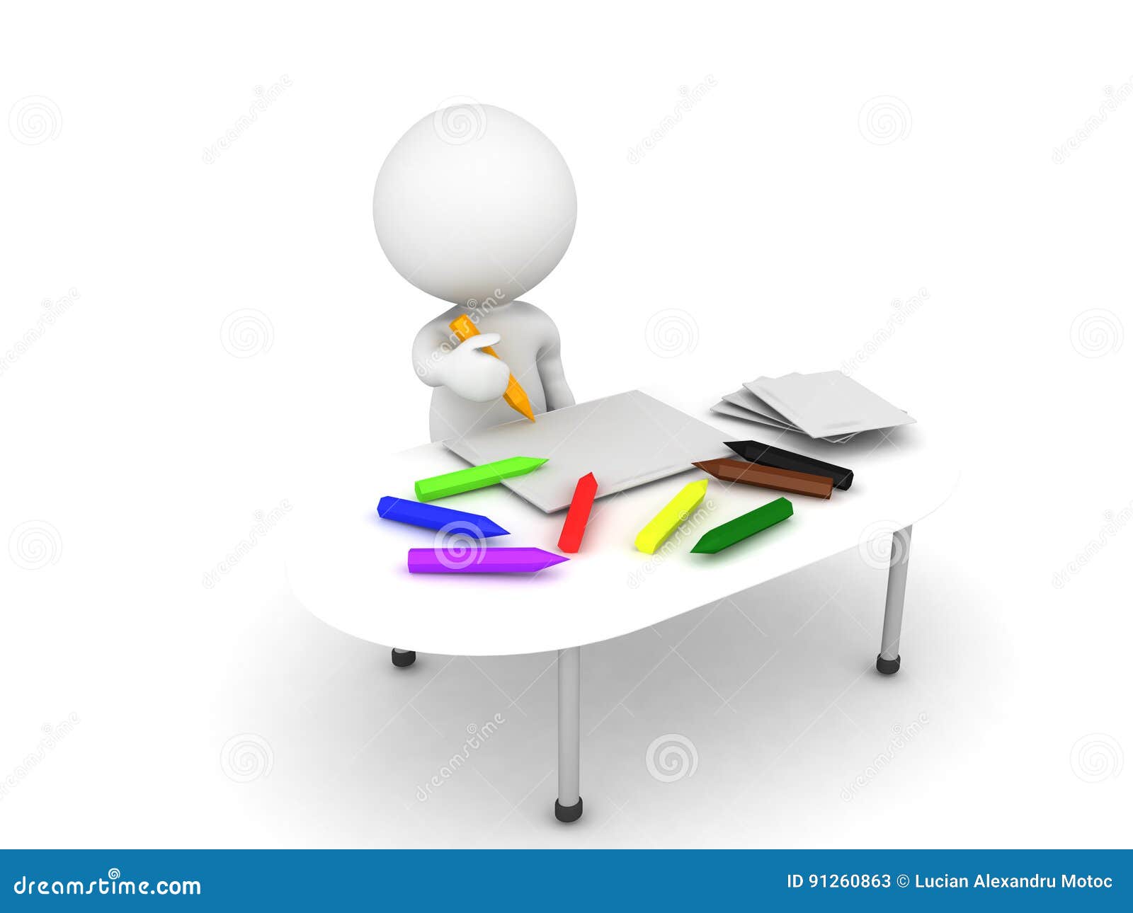 3D Character Child Coloring on a Cluttered Messy Desk with Crayons ...