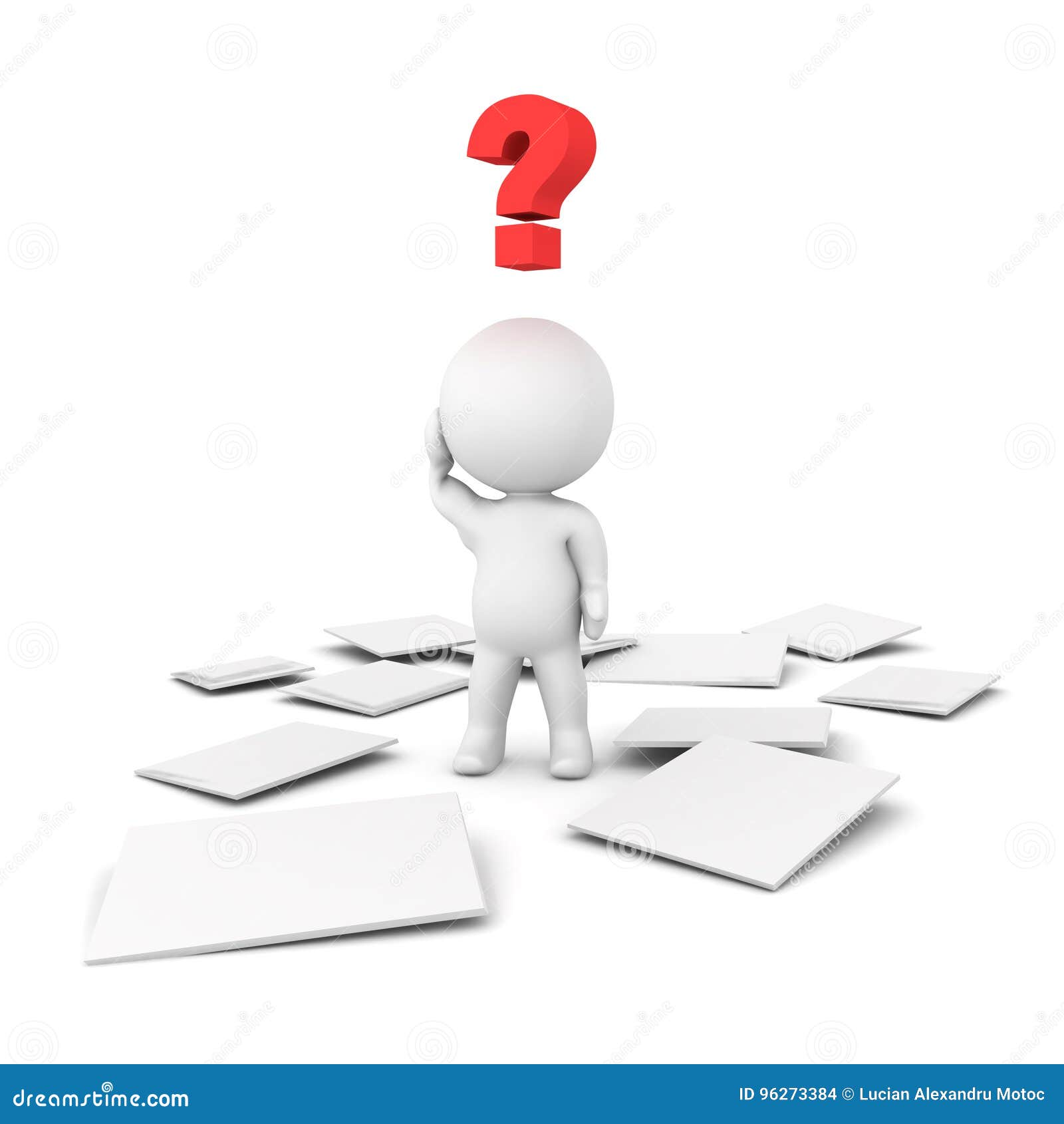 3D Character is Confused because There is a Mess of Papers on Th Stock ...