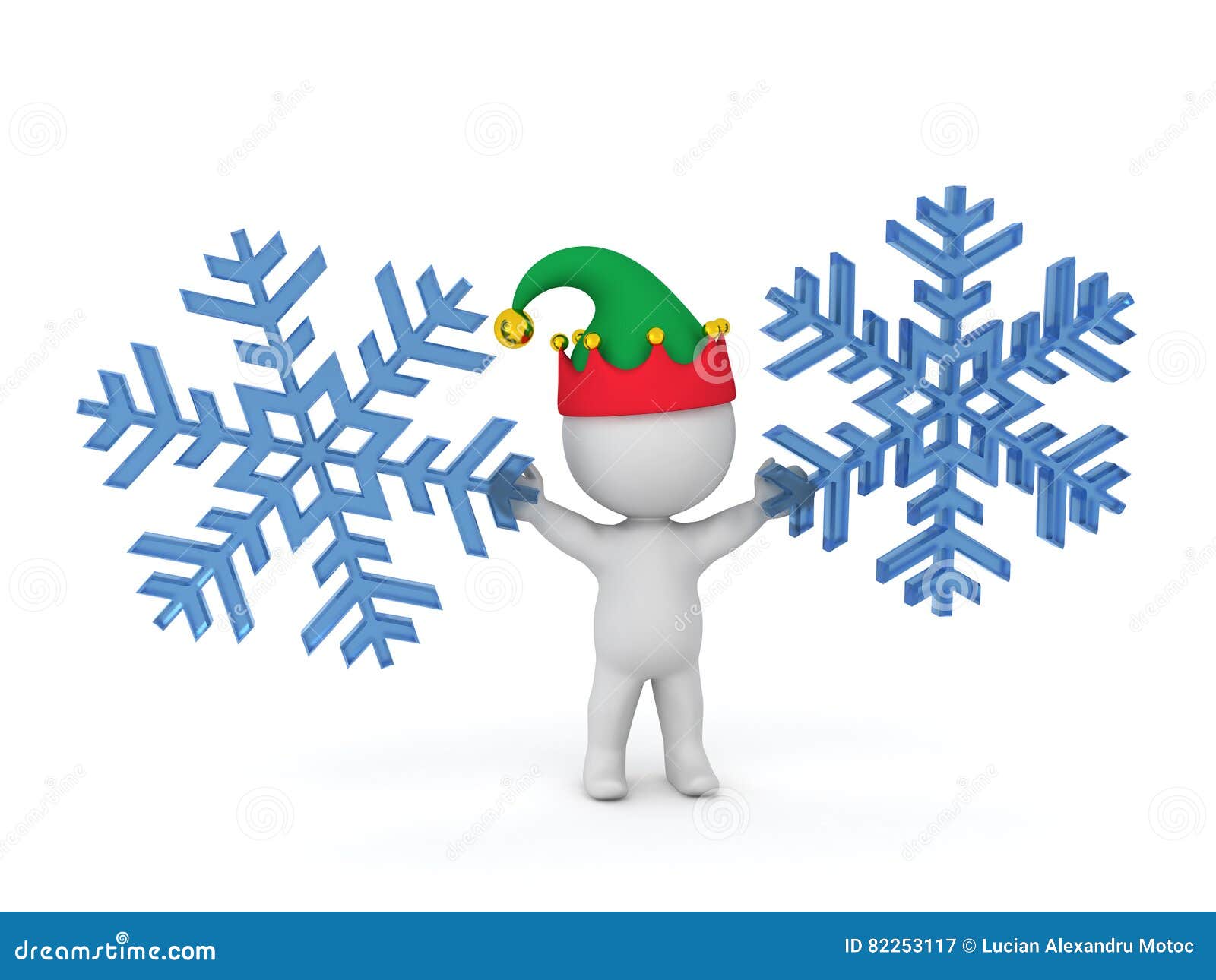 3D Character with Elf Hat Holding Large Snowflakes Stock Illustration ...