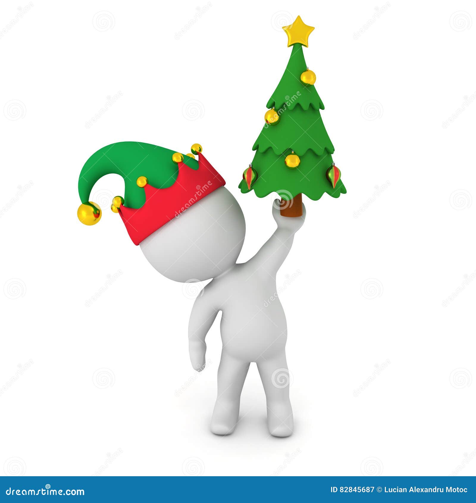 3D Character with Elf Hat Holding Up a Small Christmas Tree Stock ...