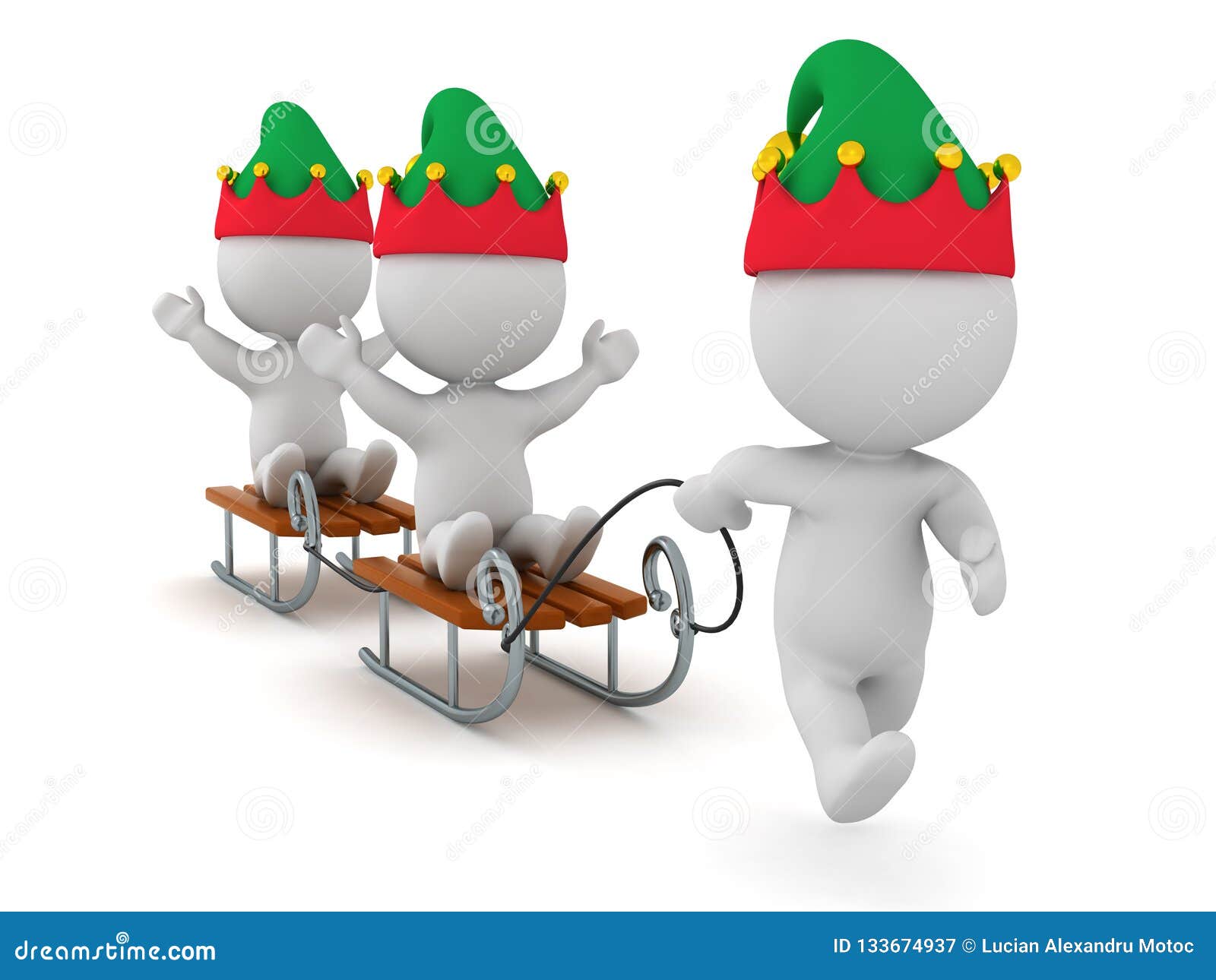 3D Character in Elf Hat Pulling Sleds Stock Illustration - Illustration ...