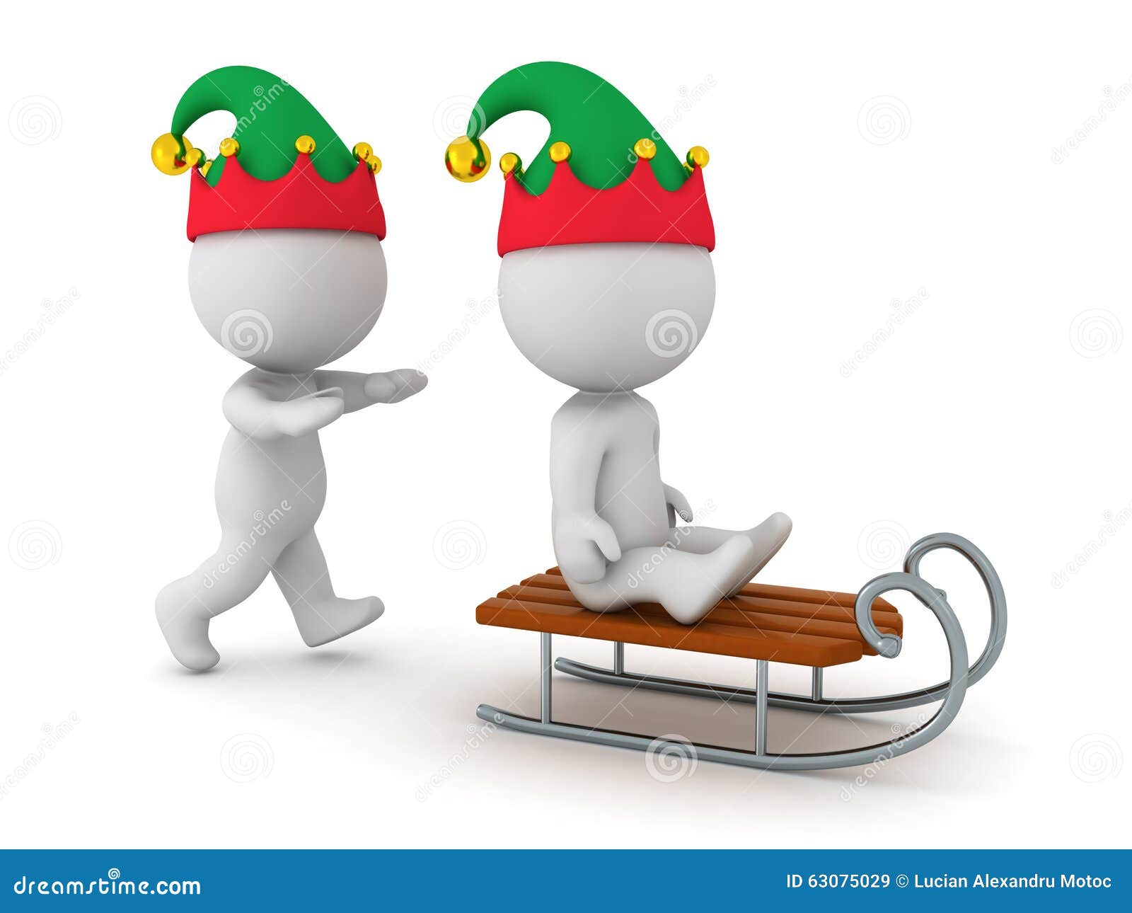 3D Character with Elf Hat Pushing Another 3D Character on a Sled Stock ...