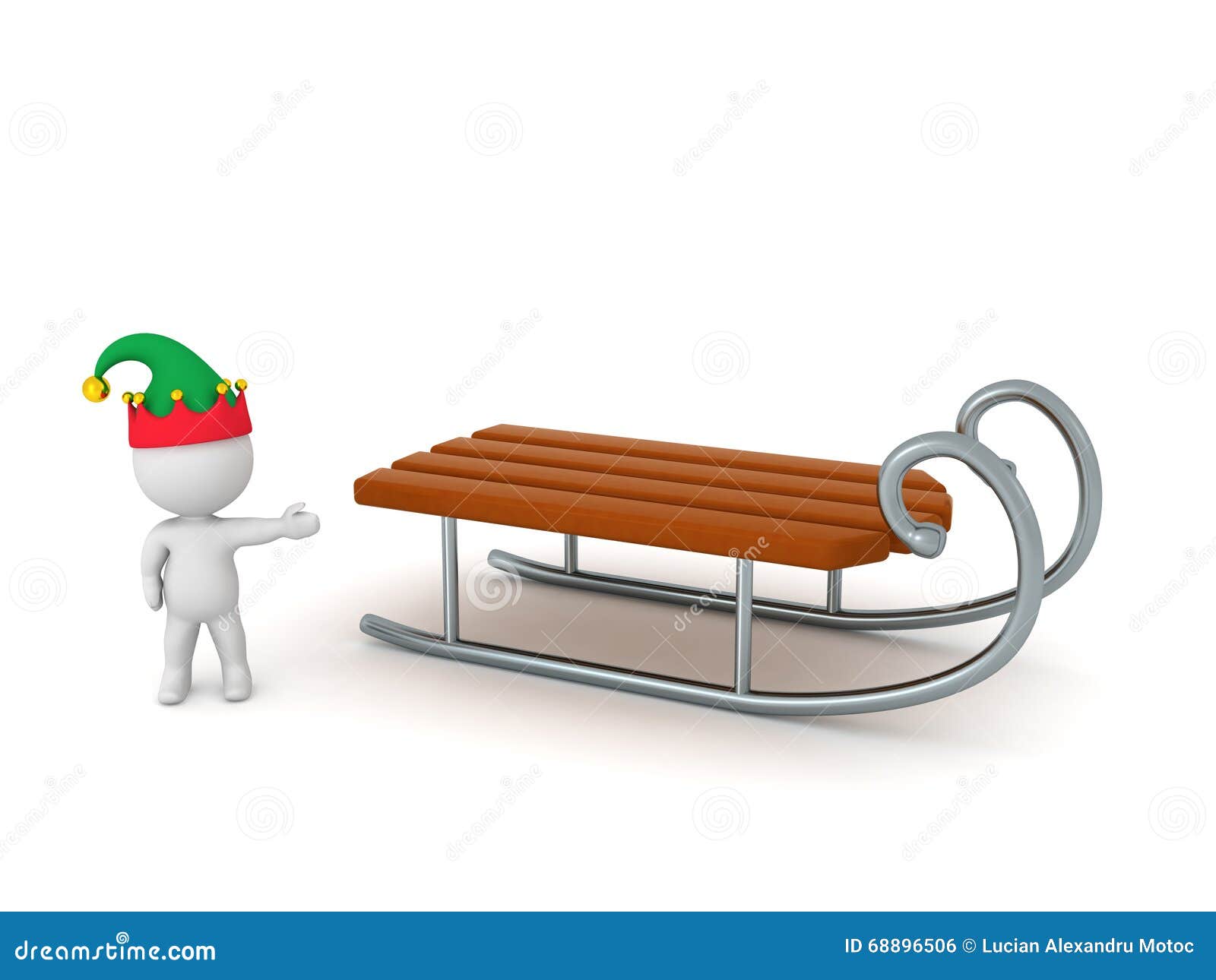 3D Character with Elf Hat Showing Large Sled Stock Illustration ...